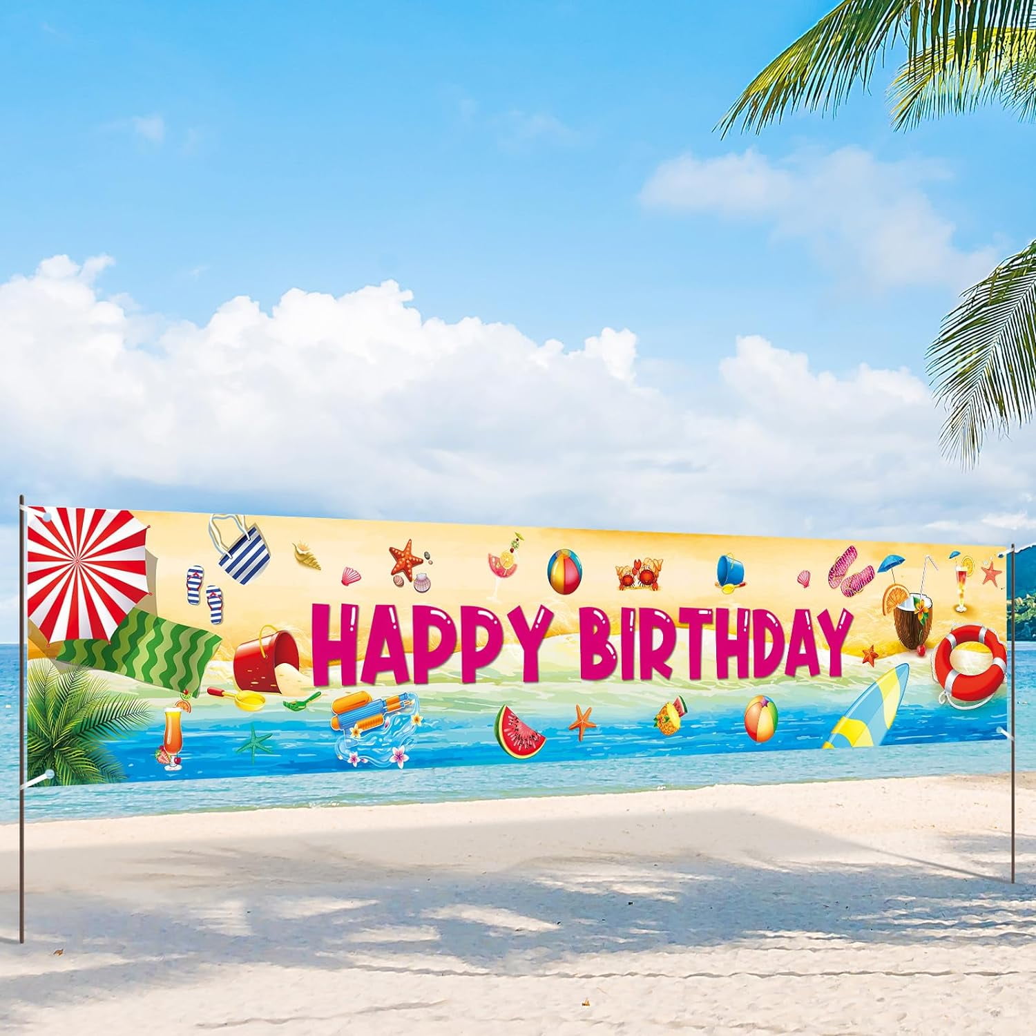 Summer Birthday Yard Decorations Summer Beach Happy Birthday Banner ...