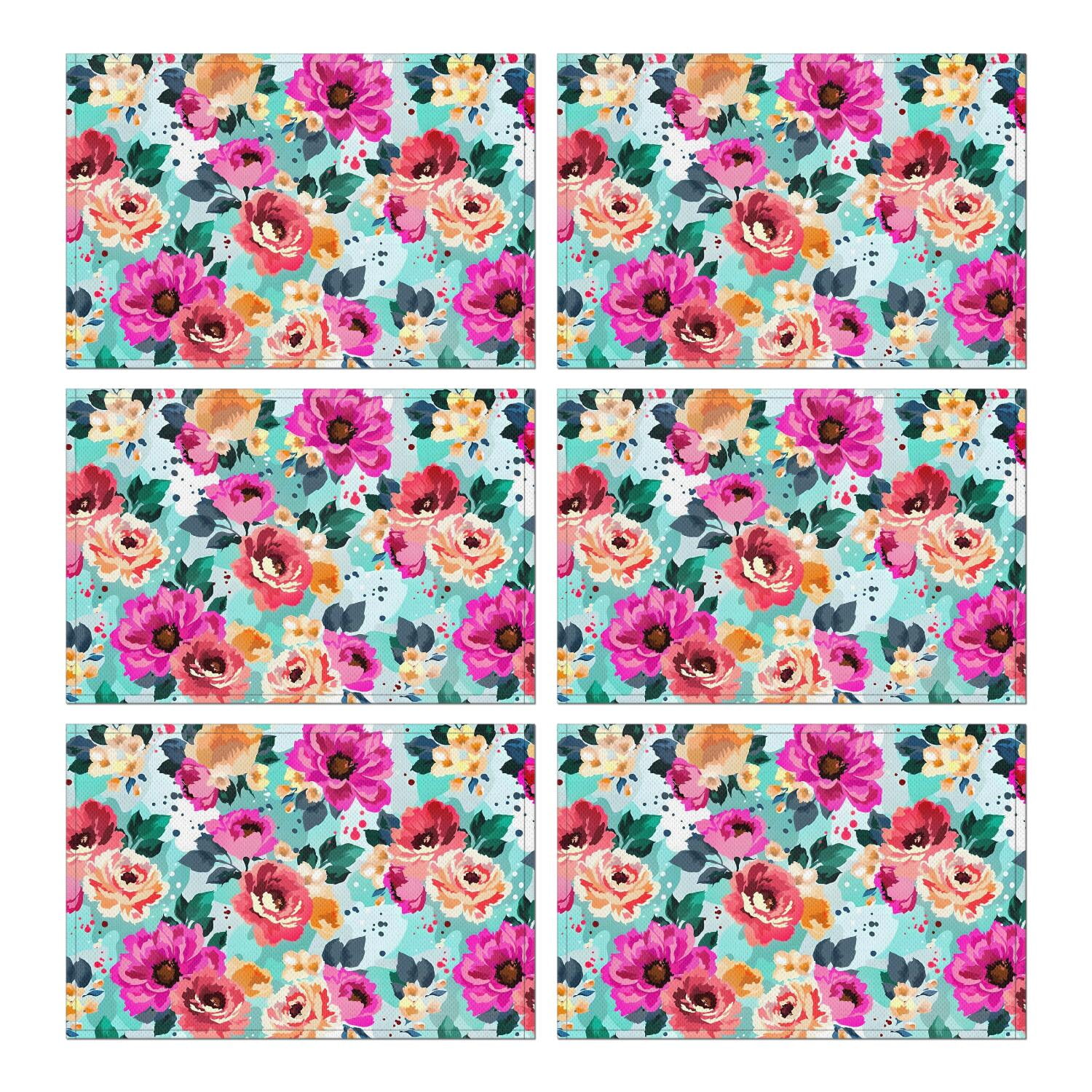 Summer Bloom Floral Table Mats, Wrinkle Free Flax Placemats Set of 6 ...