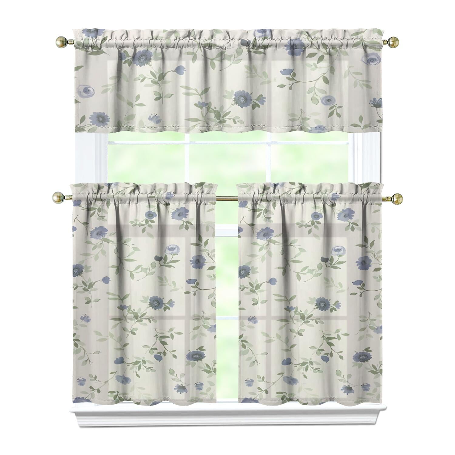 Summer Bloom Kitchen Curtains Set of 3 with Valance and Tier Panels - Walmart.com