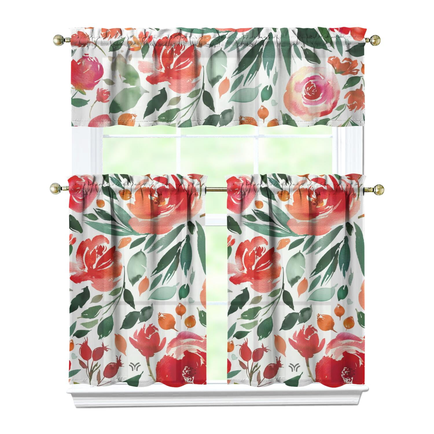 Summer Bloom Kitchen Curtains Set of 3 with Valance and Tier Panels - Walmart.com