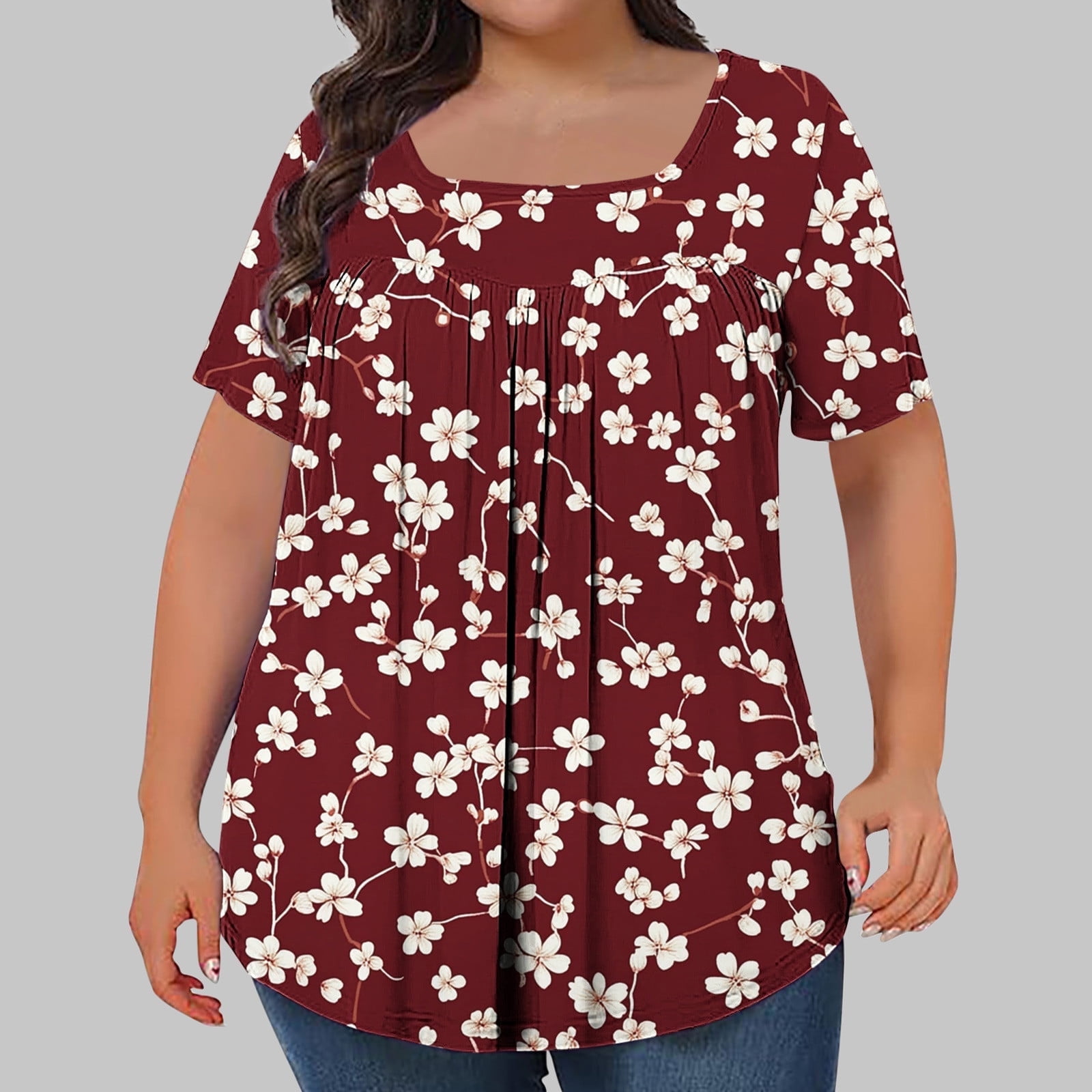 Summer Blouses for Women Plus Size Floral Tunic Tops Square Neck Pleated Flowy Breathable Lounge ...