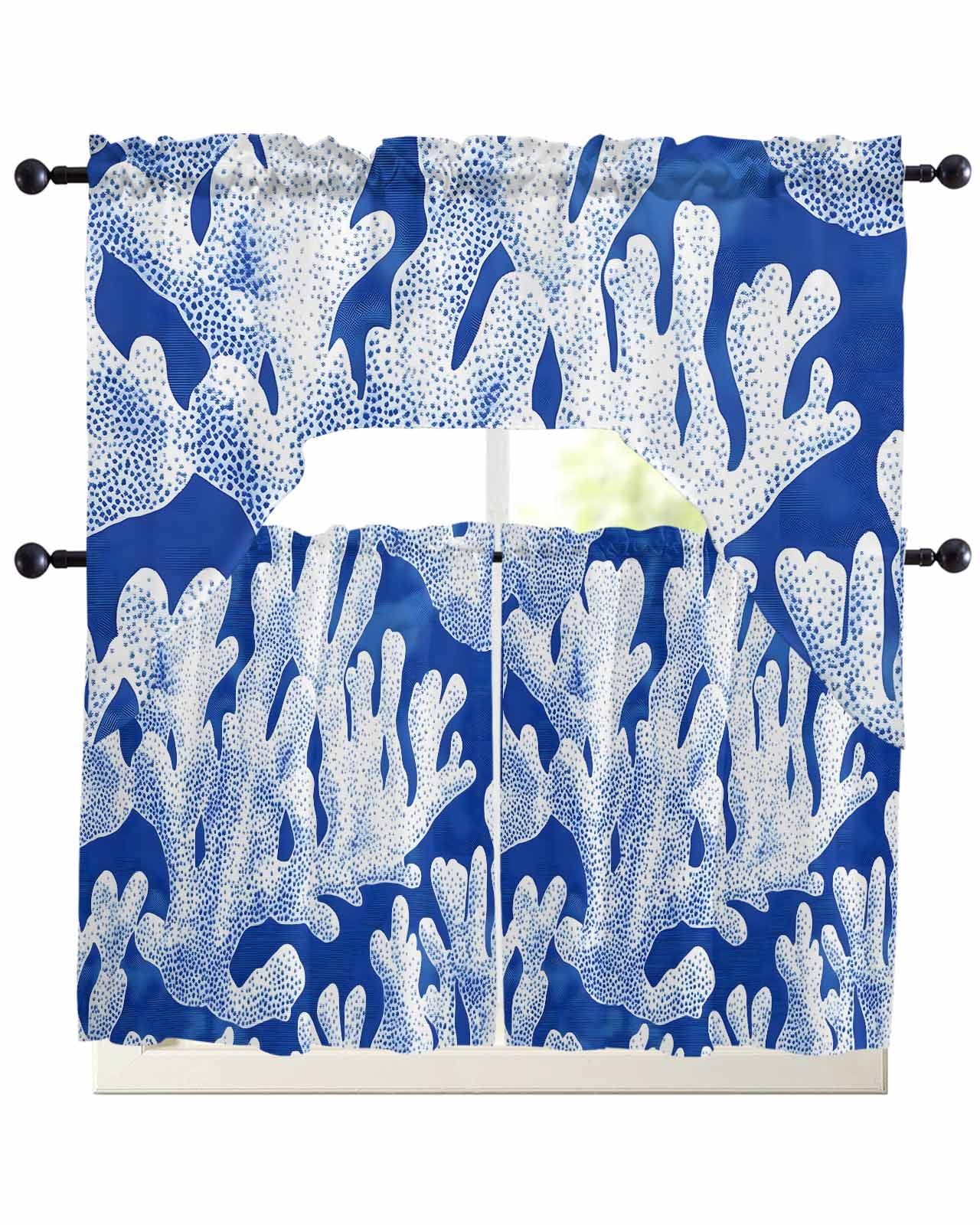Summer Blue Coral Kitchen Curtains Swag Valance and Tier Curtains Set ...