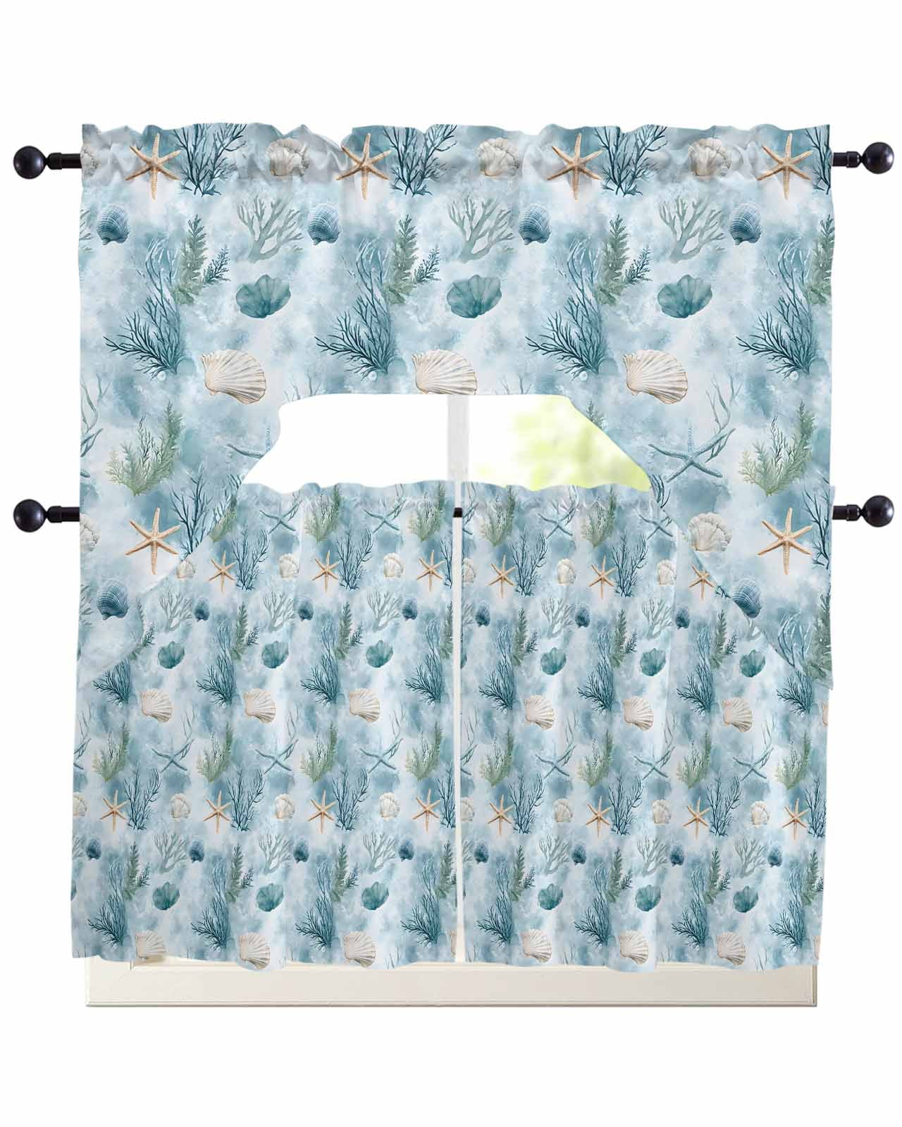 Summer Blue Coral Kitchen Curtains Swag Valance and Tier Curtains Set ...