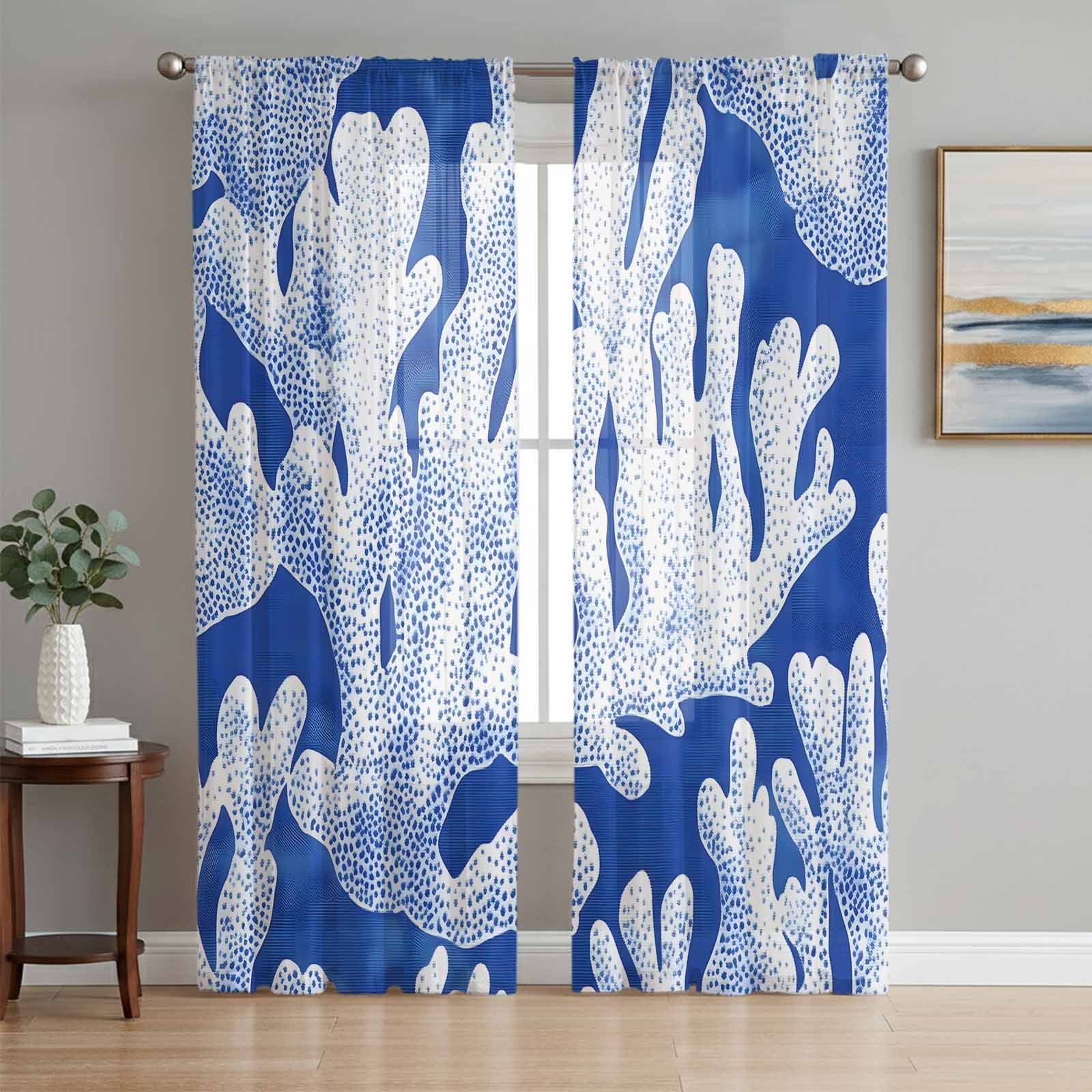 Summer Blue Coral Sheer Curtains 84 Inch Length 2 Panels Set, Coastal ...