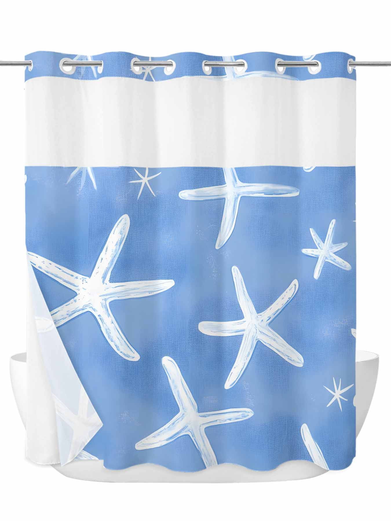 Summer Blue No Hook Shower Curtain and Liner Set White Starfish Ocean ...
