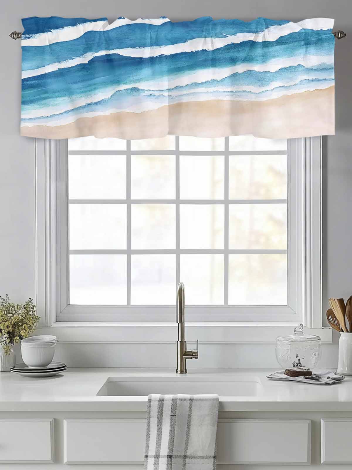 Summer Blue Ocean Beach Waves Valances for Windows,Kitchen Valance Rod ...