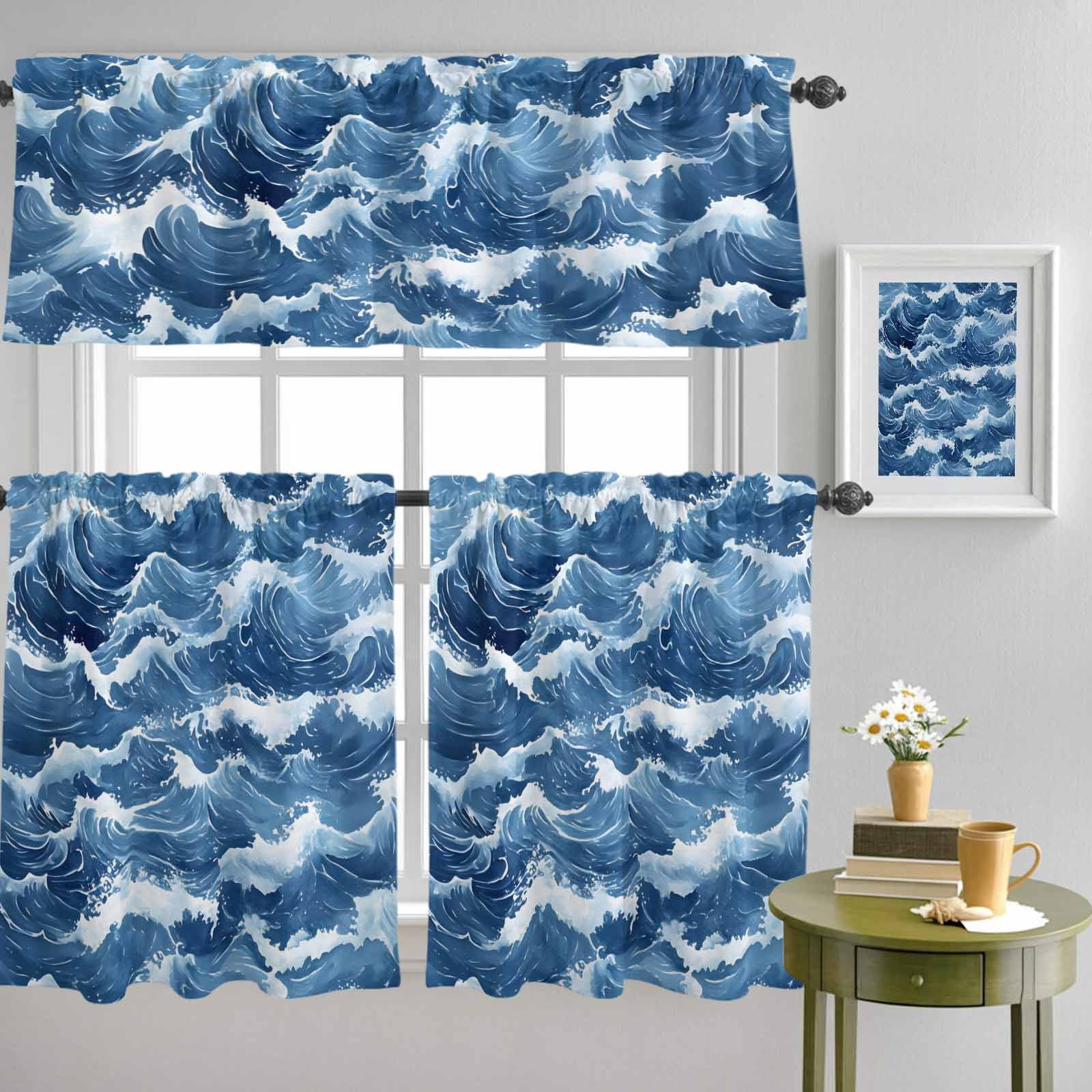 Summer Blue Ocean Waves Curtain Tier and Valance Set 3 Piece, Abstract ...