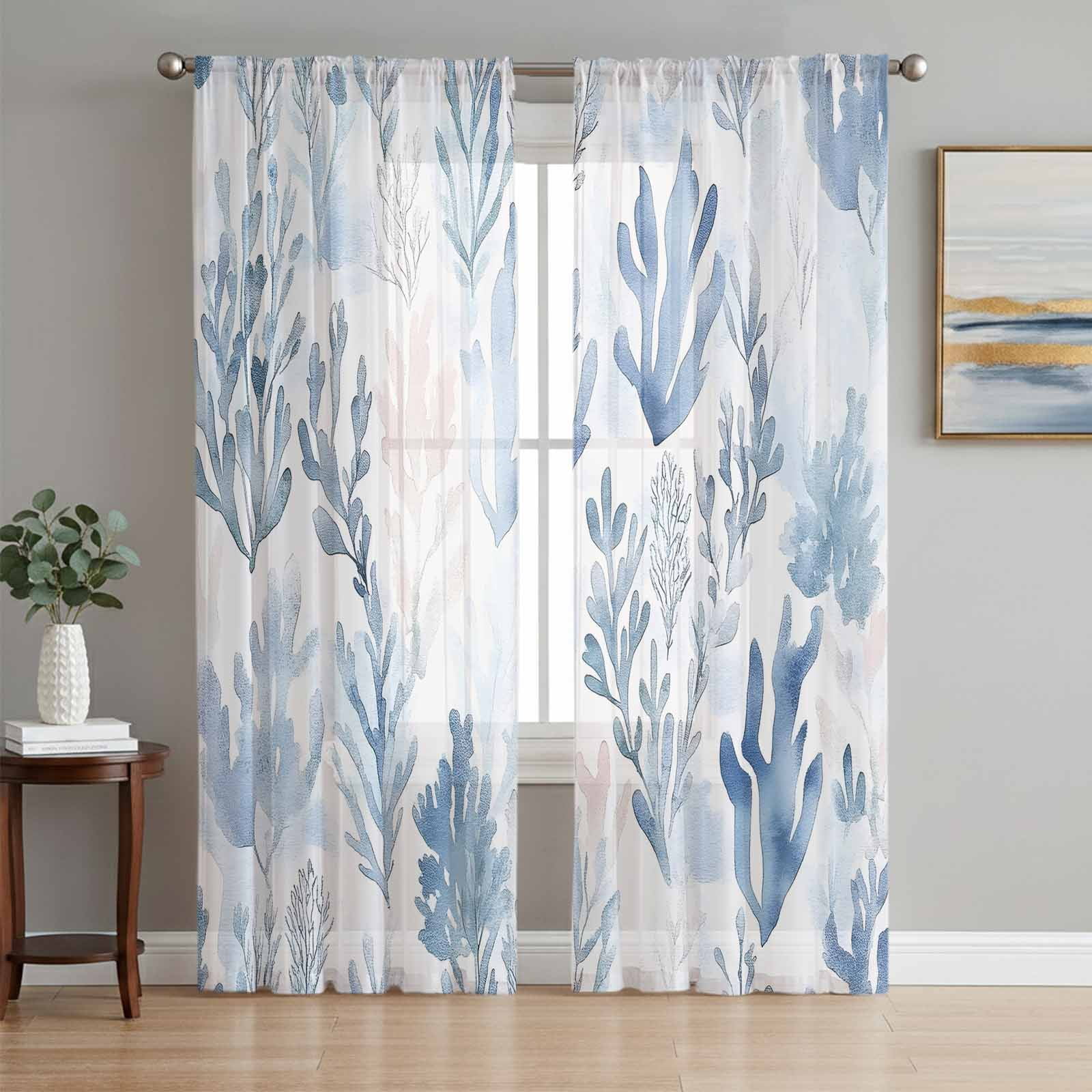 Summer Blue Seaweed Sheer Curtains 84 Inch Length 2 Panels Set ...