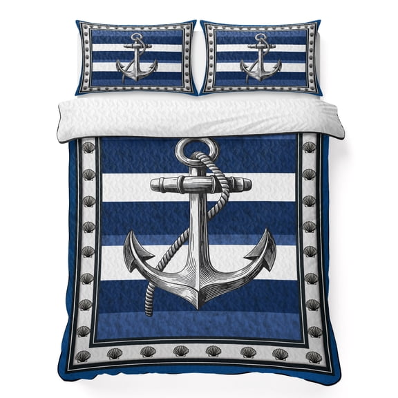 Blue Palm Leaf 3 Piece Quilt Bedding Set with 2 Pillow Shams, Summer ...