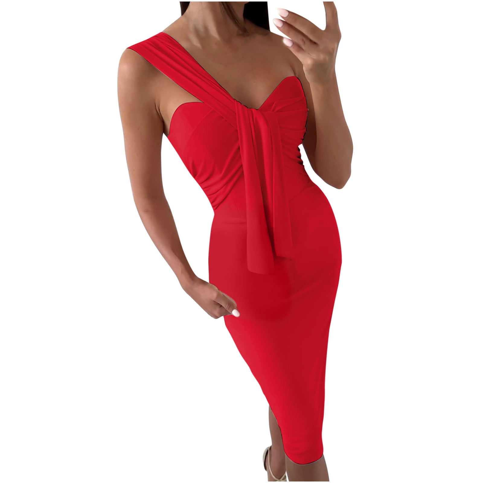 Summer Bodycon Midi Dresses for Women One Shoulder Elegant Ruched ...