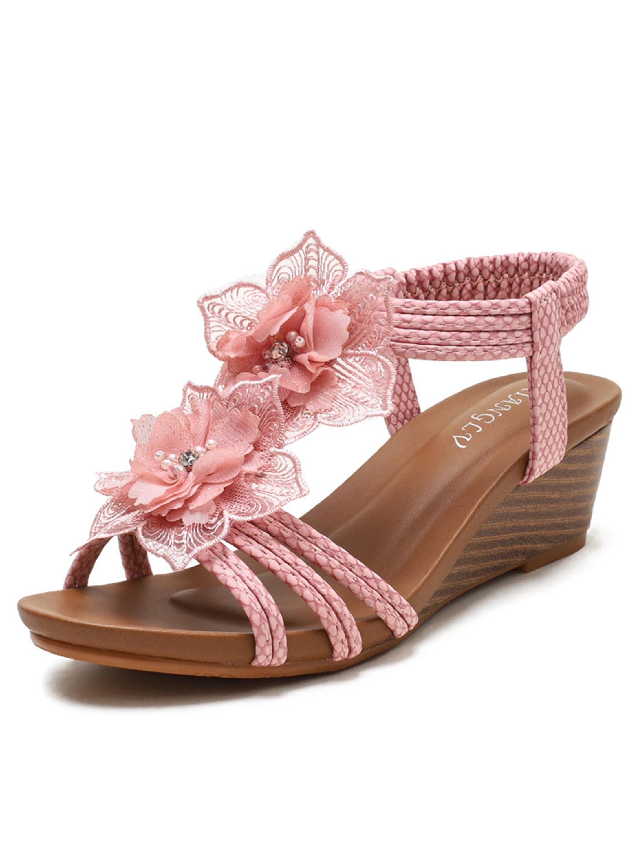 Summer Bohemia Wedge Sandals for Women Elastic Ankle Strap Sandals Open ...