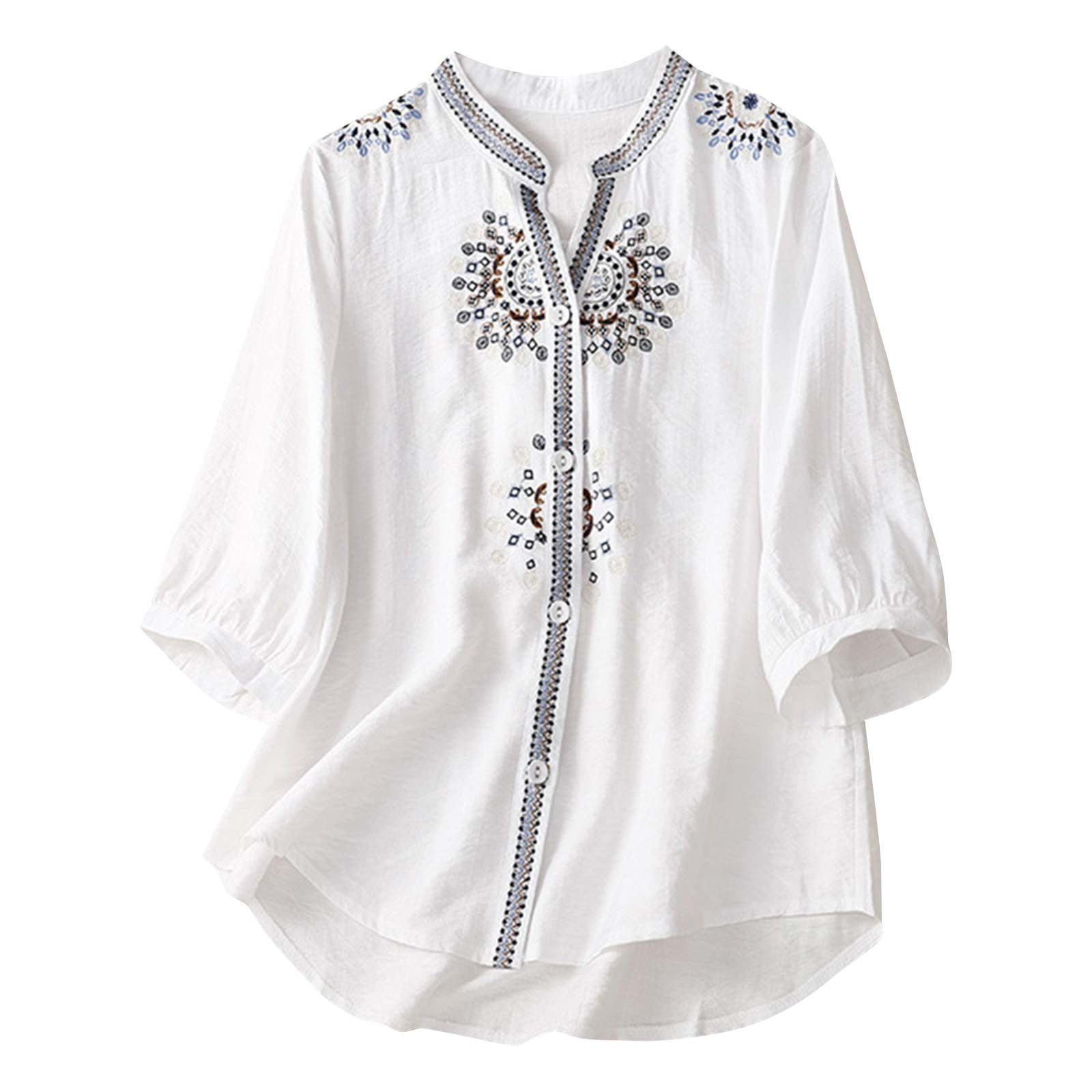 Summer Boho Embroidery Linen Tops for Women Vintage Peasant Floral ...
