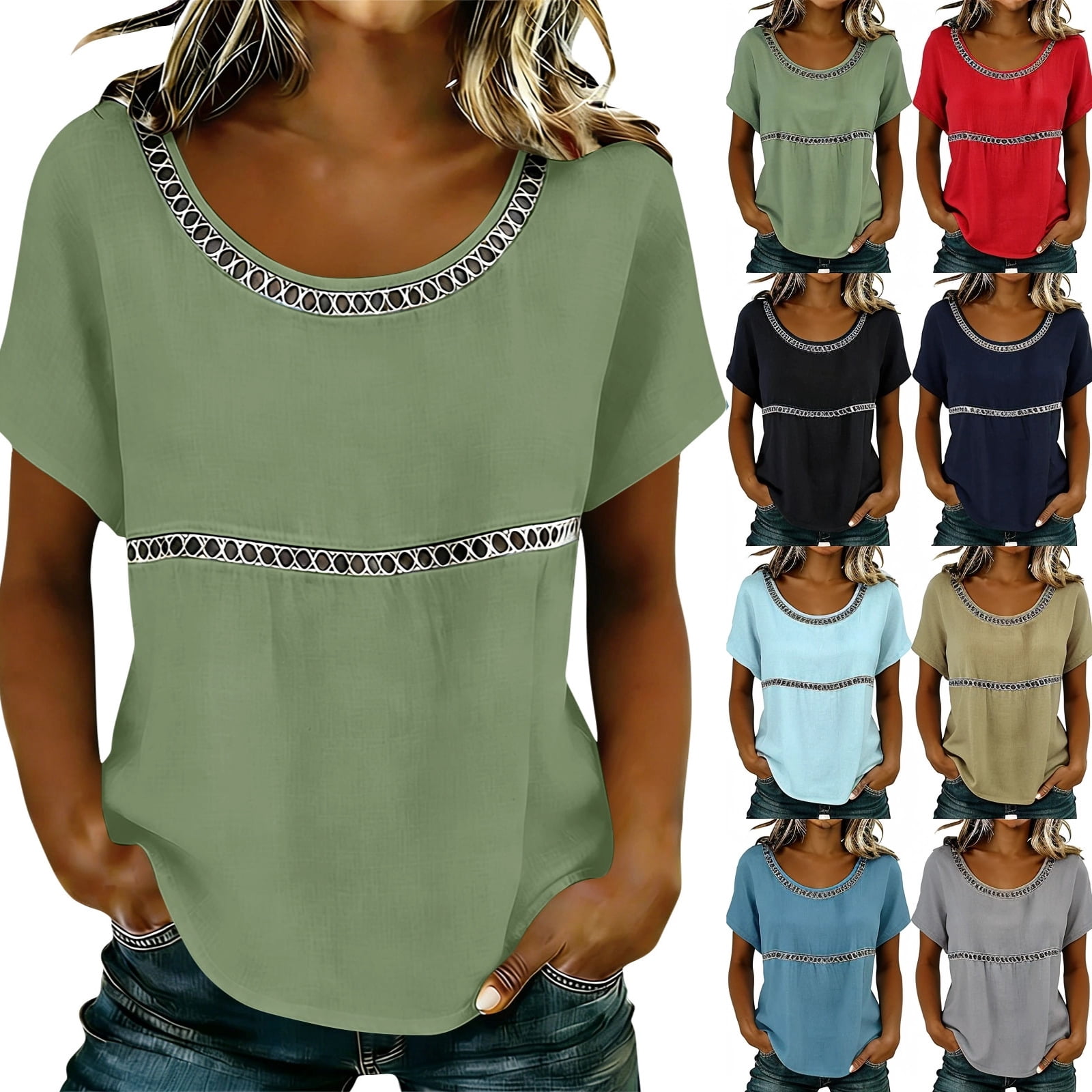 Summer Boho Short Sleeve Tops for Women 2026 Trendy Lightweight Round ...
