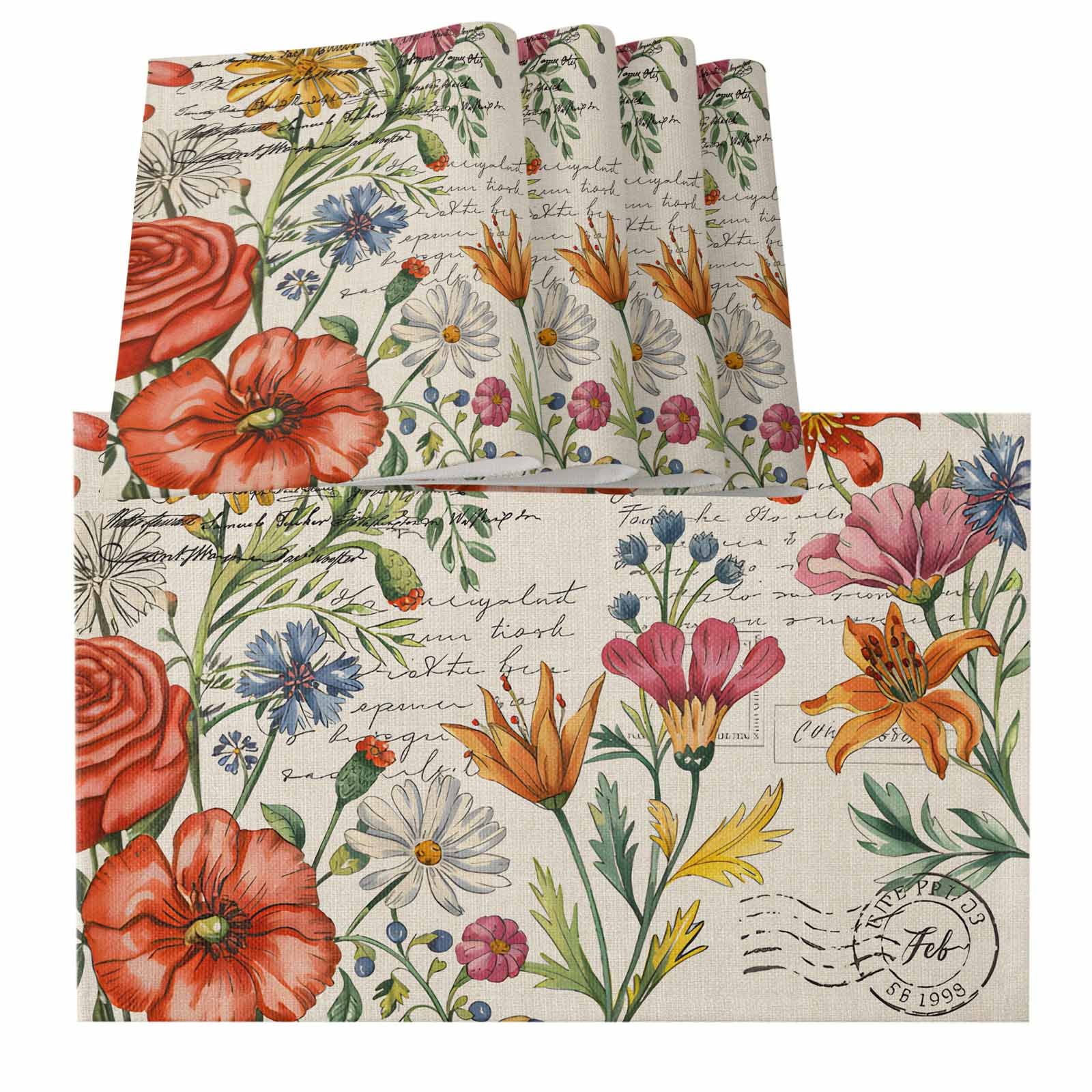 Summer Botanical Placemats for Dinning Table Set of 6, Vintage ...