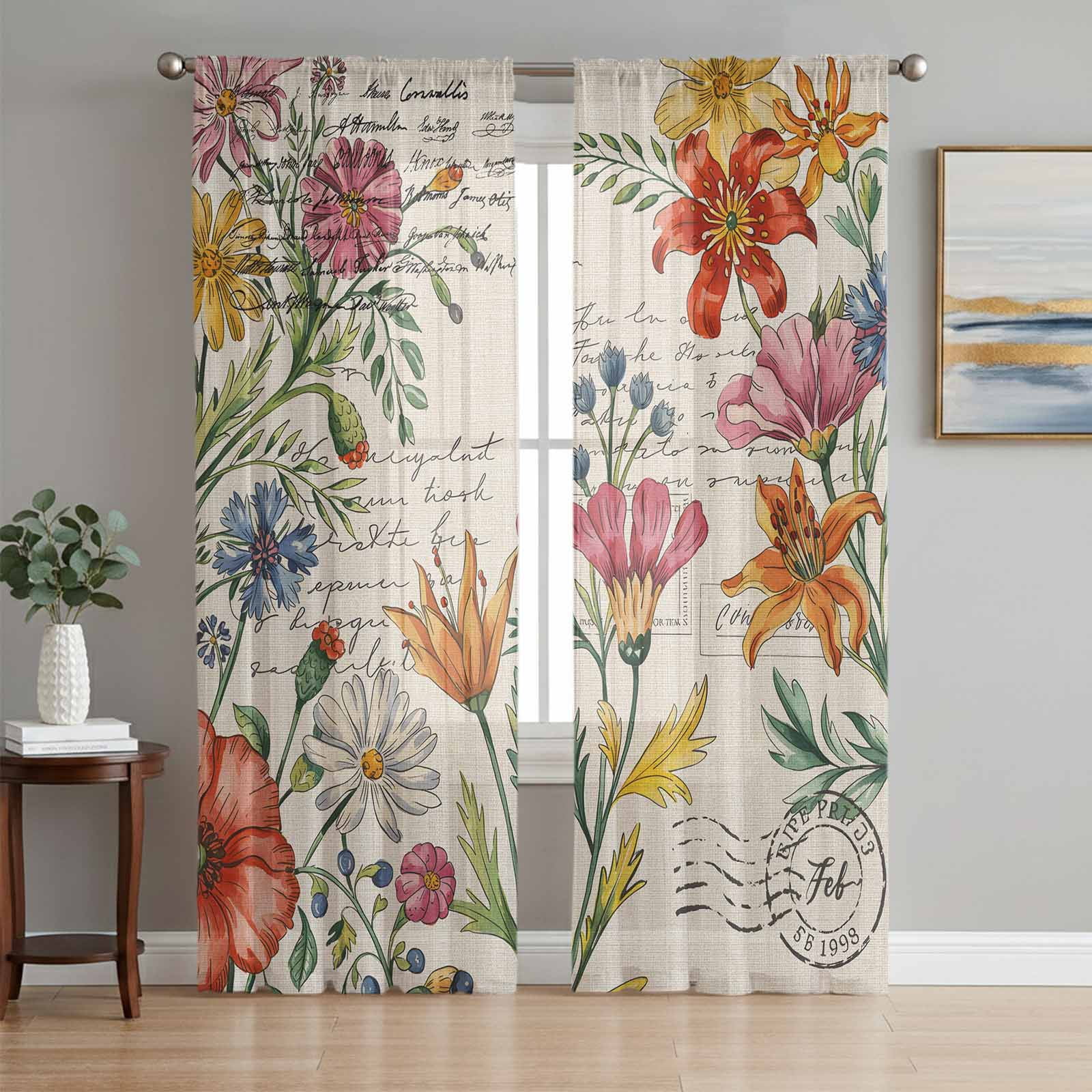 Summer Botanical Semi Sheer Curtains 108 Inch Length 2 Panels Set ...