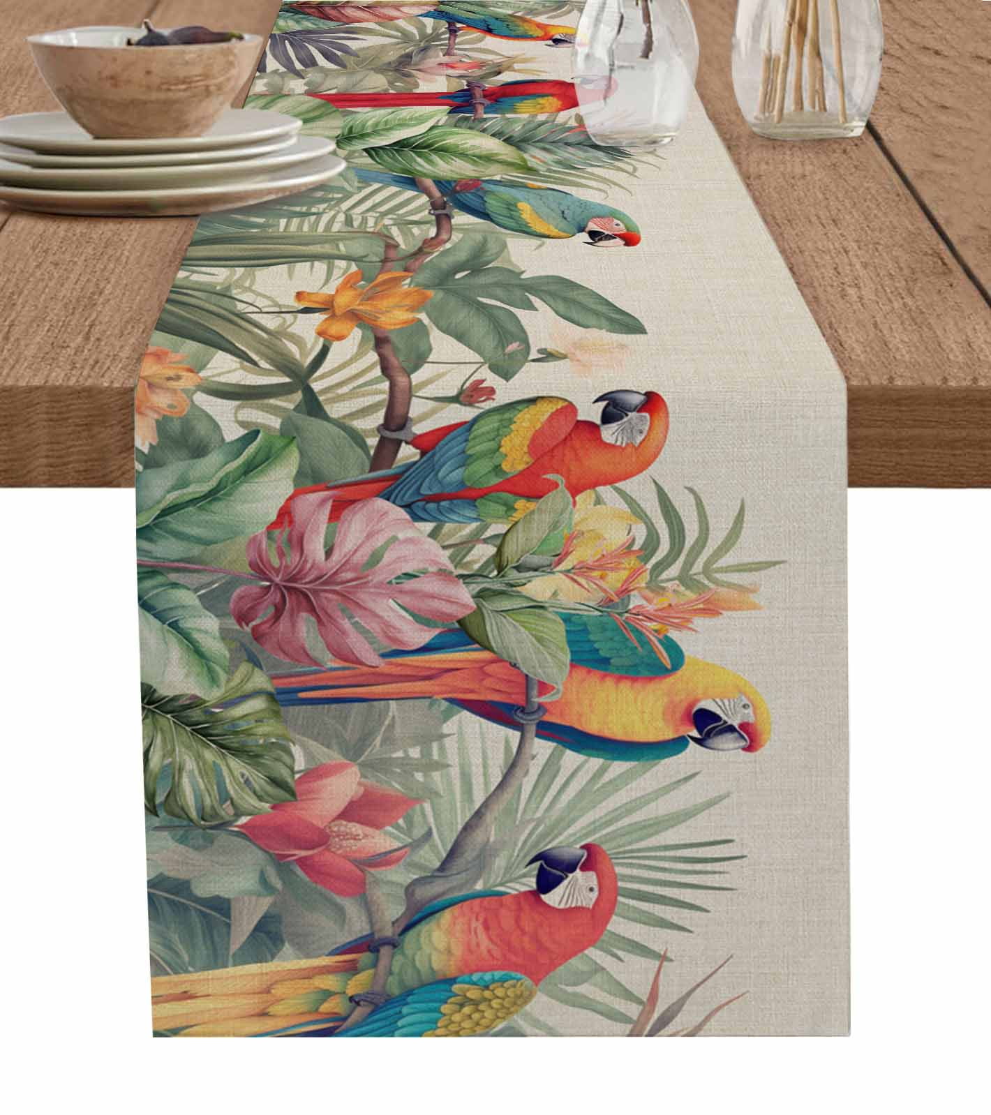 Summer Botanical Table Runner Rustic Tropical Plants Birds Tablerunners ...