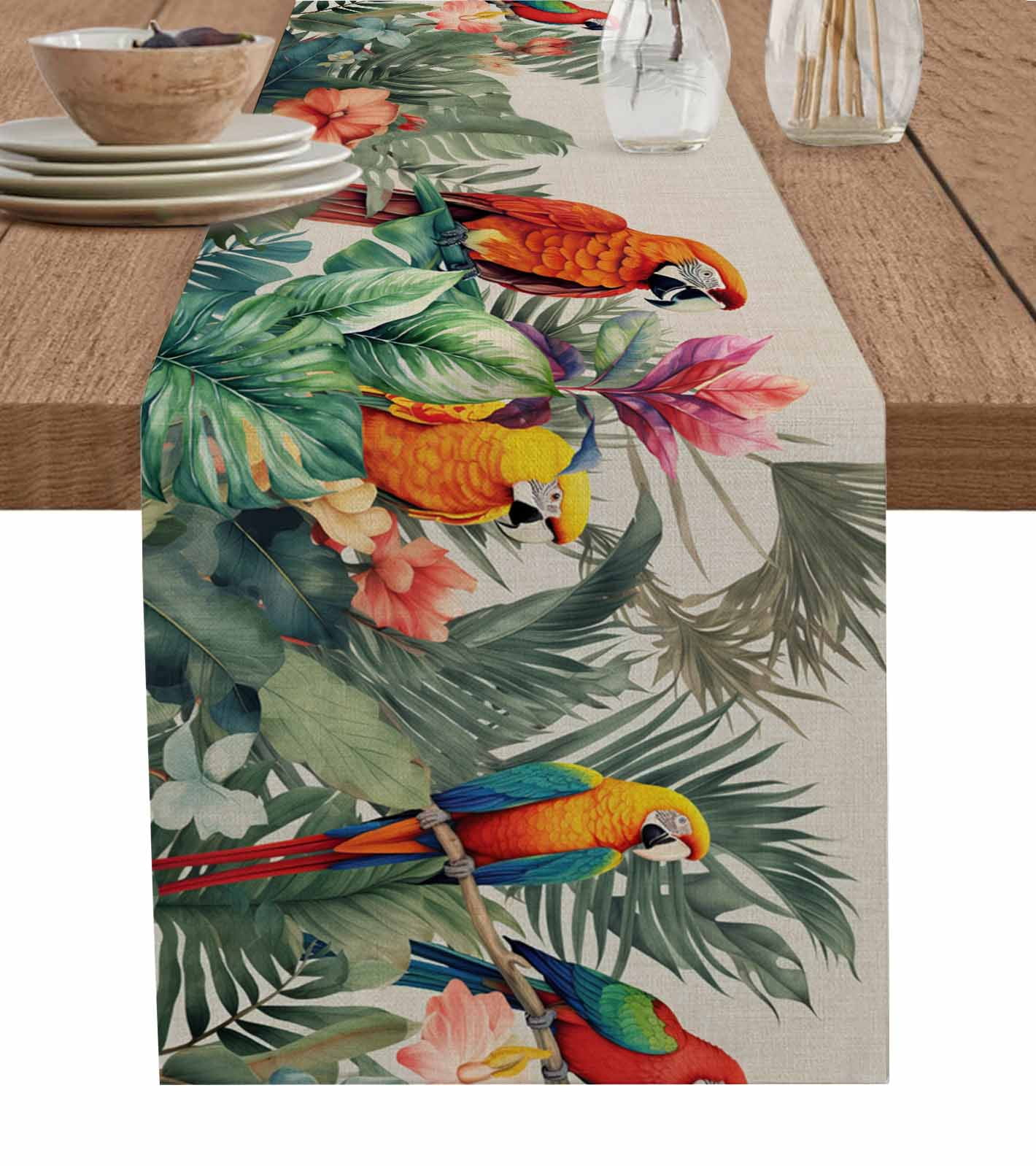 Summer Botanical Table Runner Tropical Plants Birds Farmhouse ...