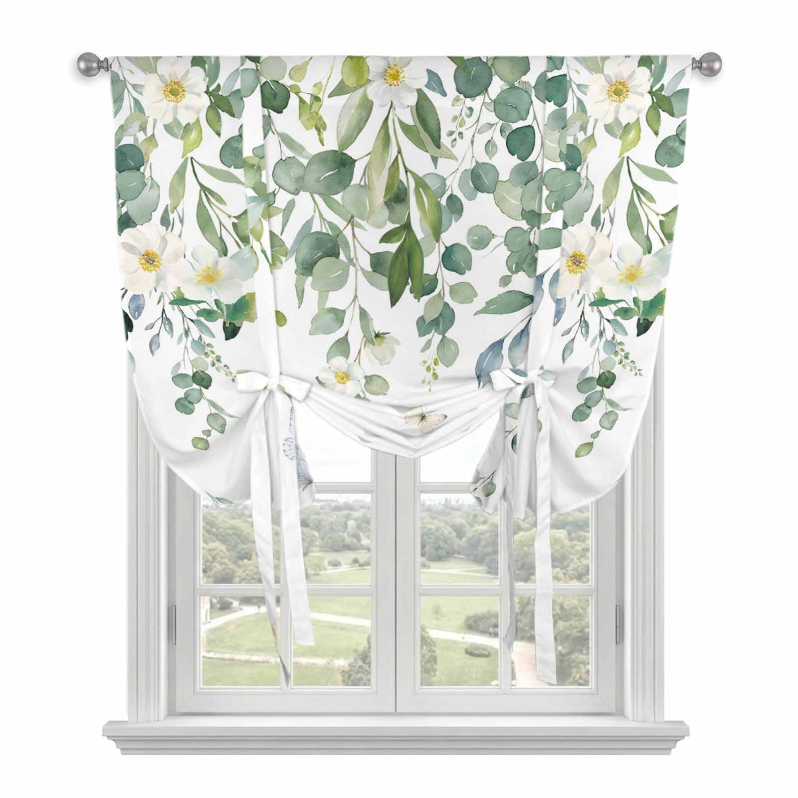 Summer Botanical Tie Up Curtain 45 Inches Long, Watercolor Eucalyptus ...
