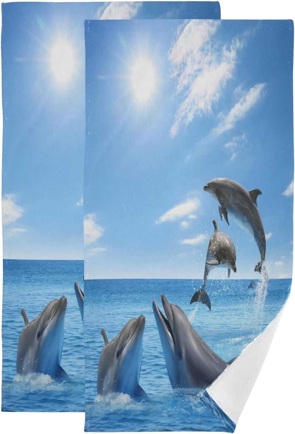 Summer Bottlenose Dolphin Hand Towels 2 PCS, Blue Sea Water Sky Kitchen ...