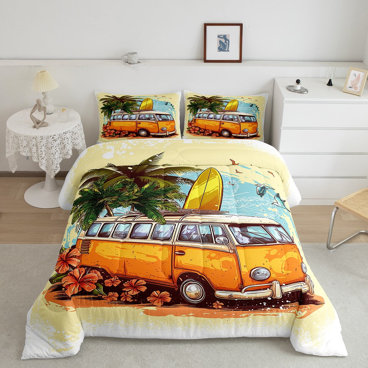 Summer Bus Comforter Set for Girls Boys Adults, Beach Holiday Bedding ...