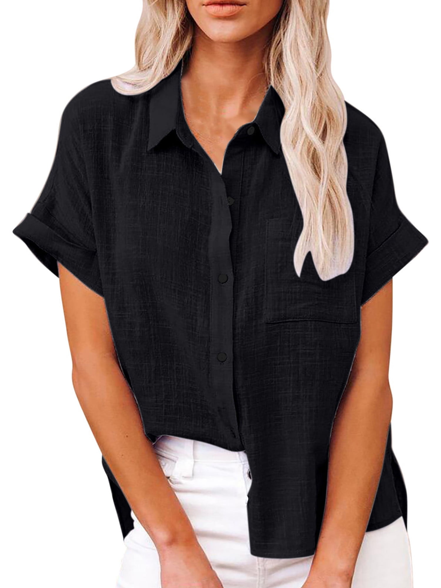 Summer Button Up Shirts for Women Casual Short Sleeve Plain Lapel Neck ...