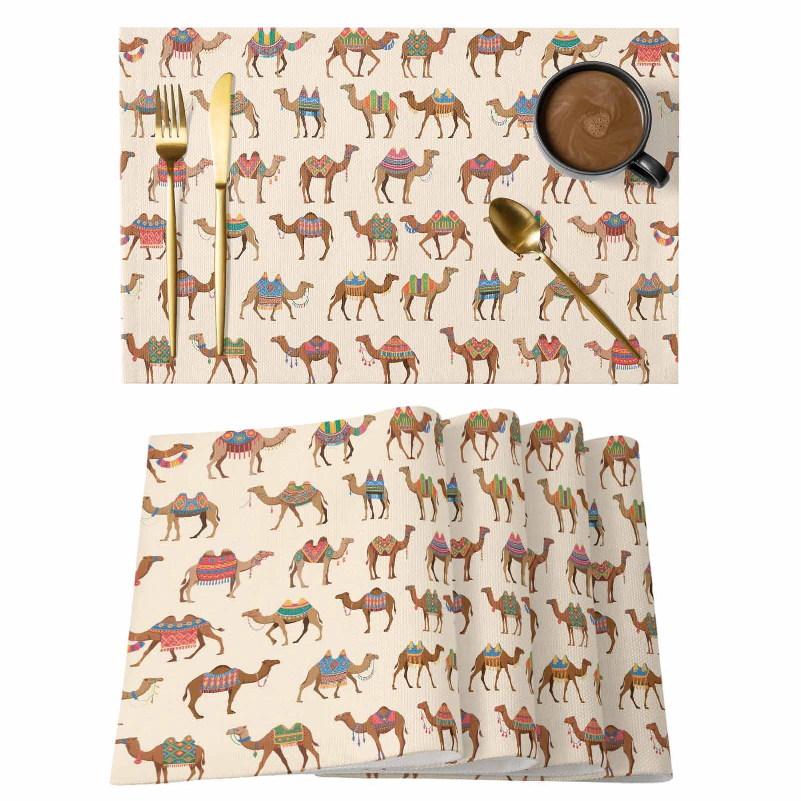 Summer Camels Placemats Set of 8, Farmhouse Retro Cartoon Desert ...