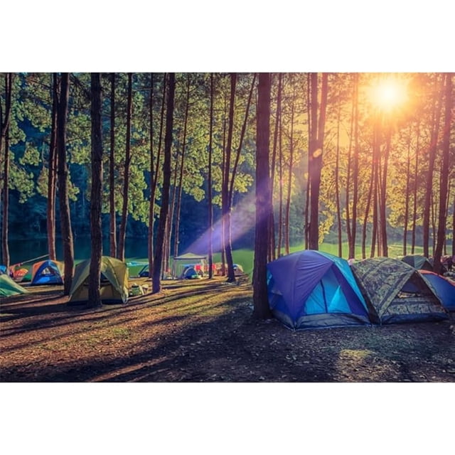 Summer Camp Backdrop Riverside Forest Camping Scene Tents Sunshine ...