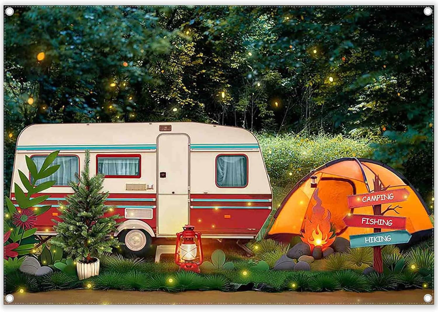 Summer Camping Photography Backdrop Forest Night Campfire Tent Car ...