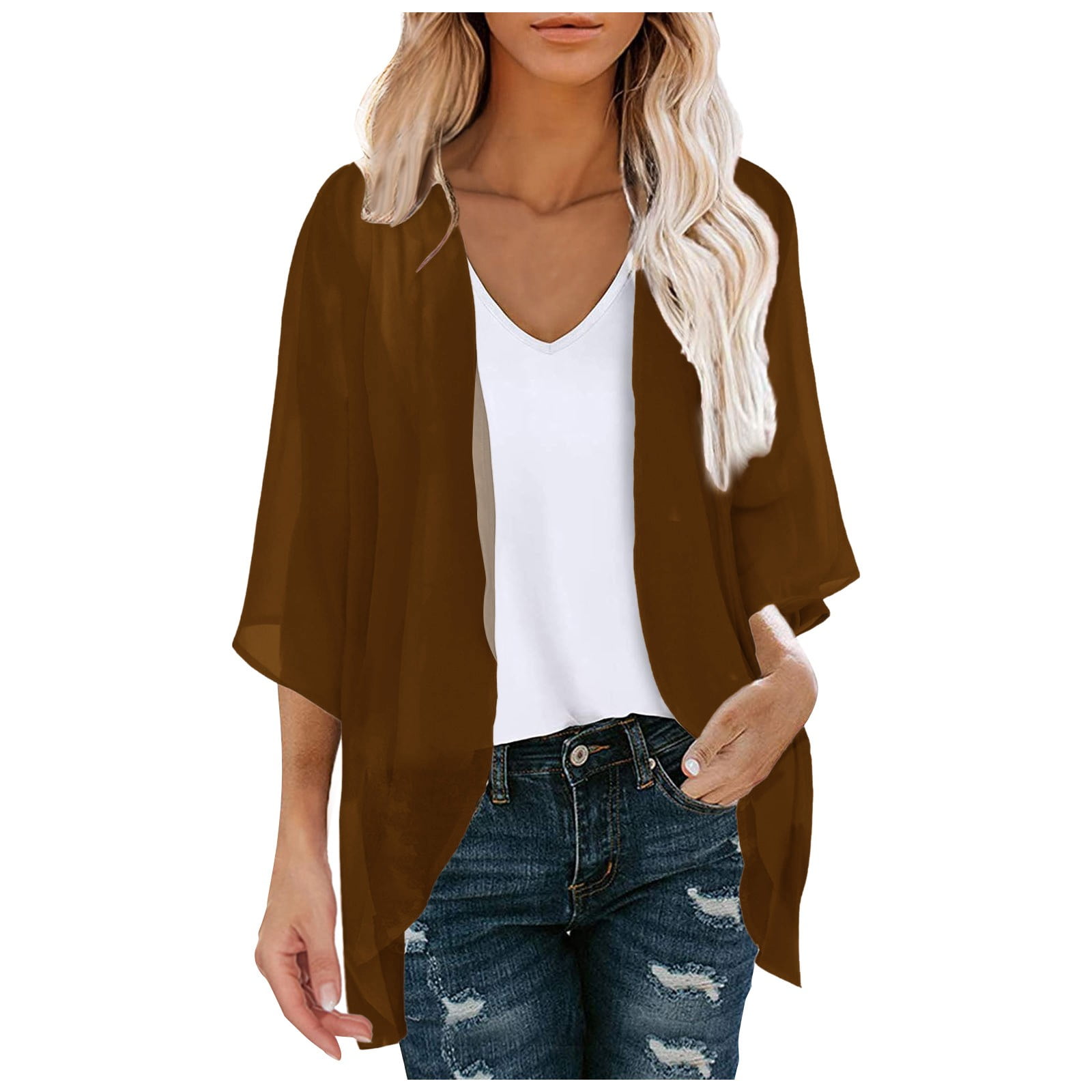 Summer Cardigan Solid Elegant Puff Sleeve Chiffon Cardigan Cover Up ...