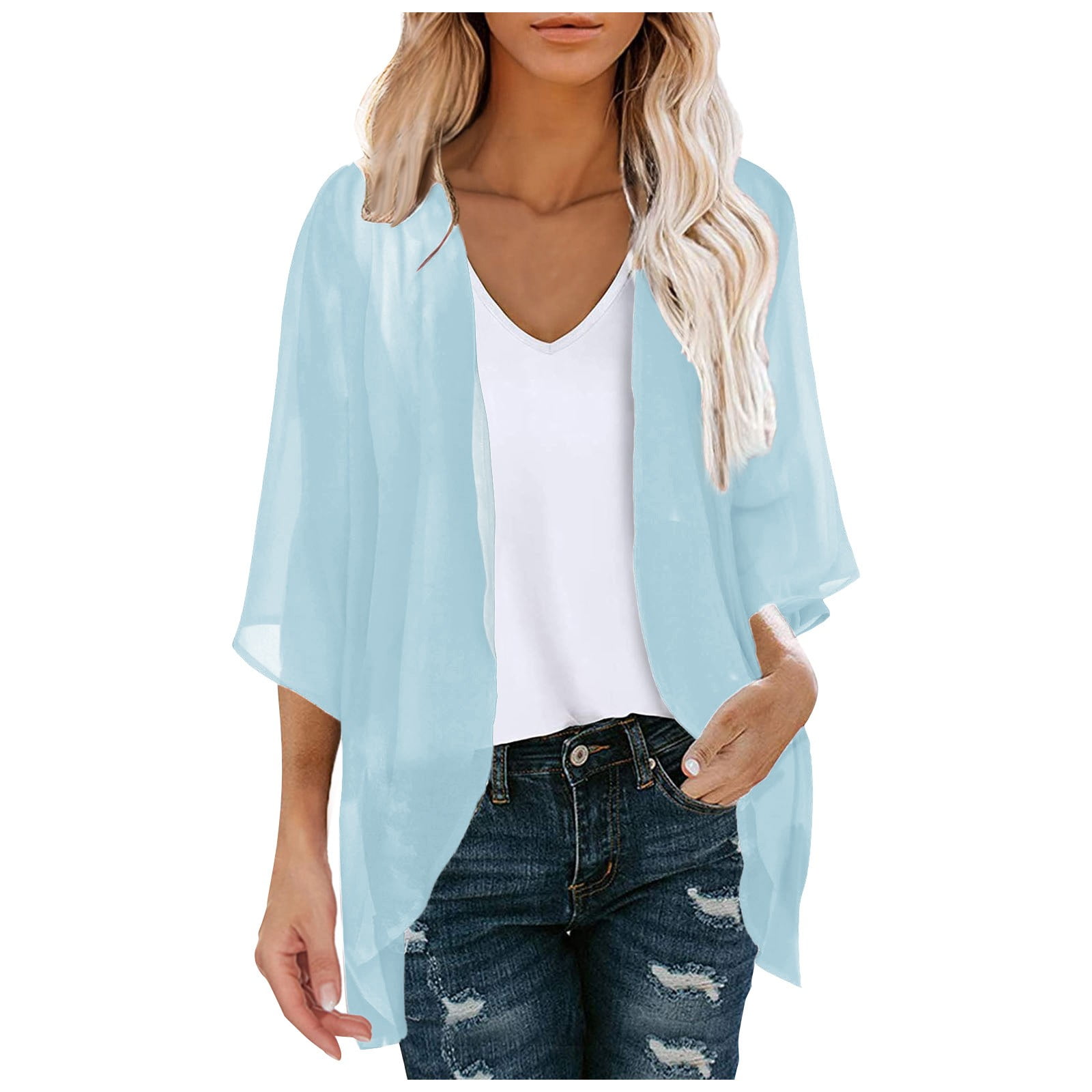 Summer Cardigan Women Solid Elegant Puff Sleeve Chiffon Cardigan Cover ...