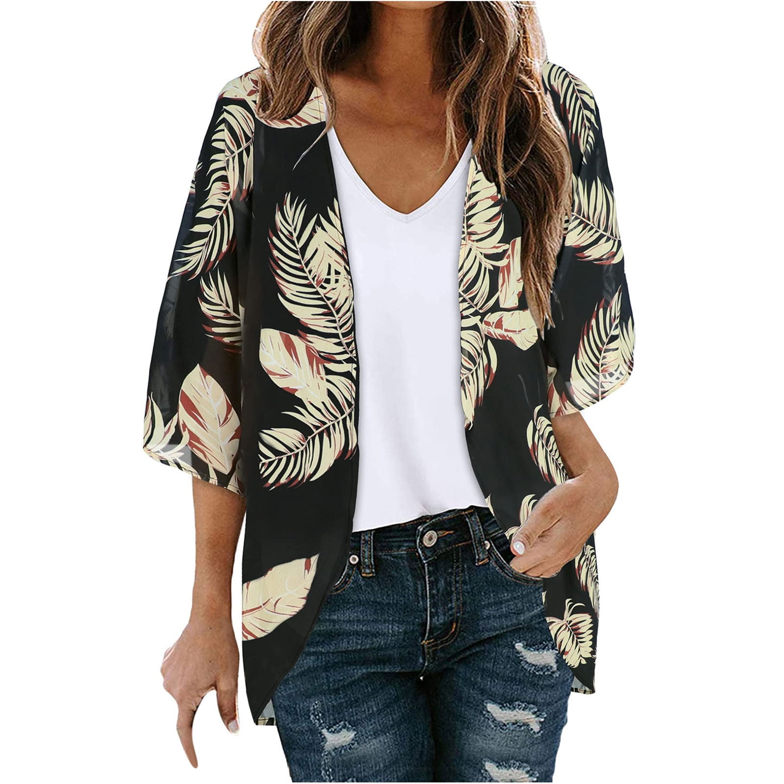 Summer Cardigans for Women 2024 V-Neck Puff Sleeve Kimono Tops Floral ...