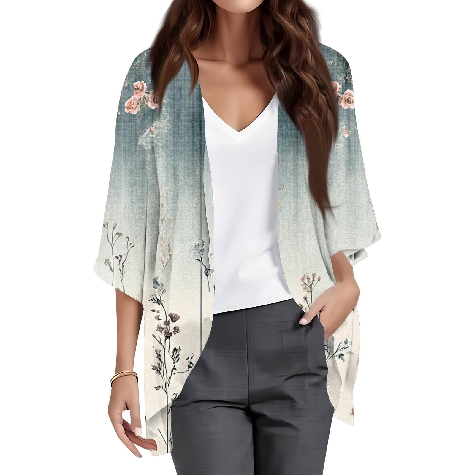 TrdSipl Summer Cardigans for Women Lightweight 3/4 Sleeve Sheer Kimono ...