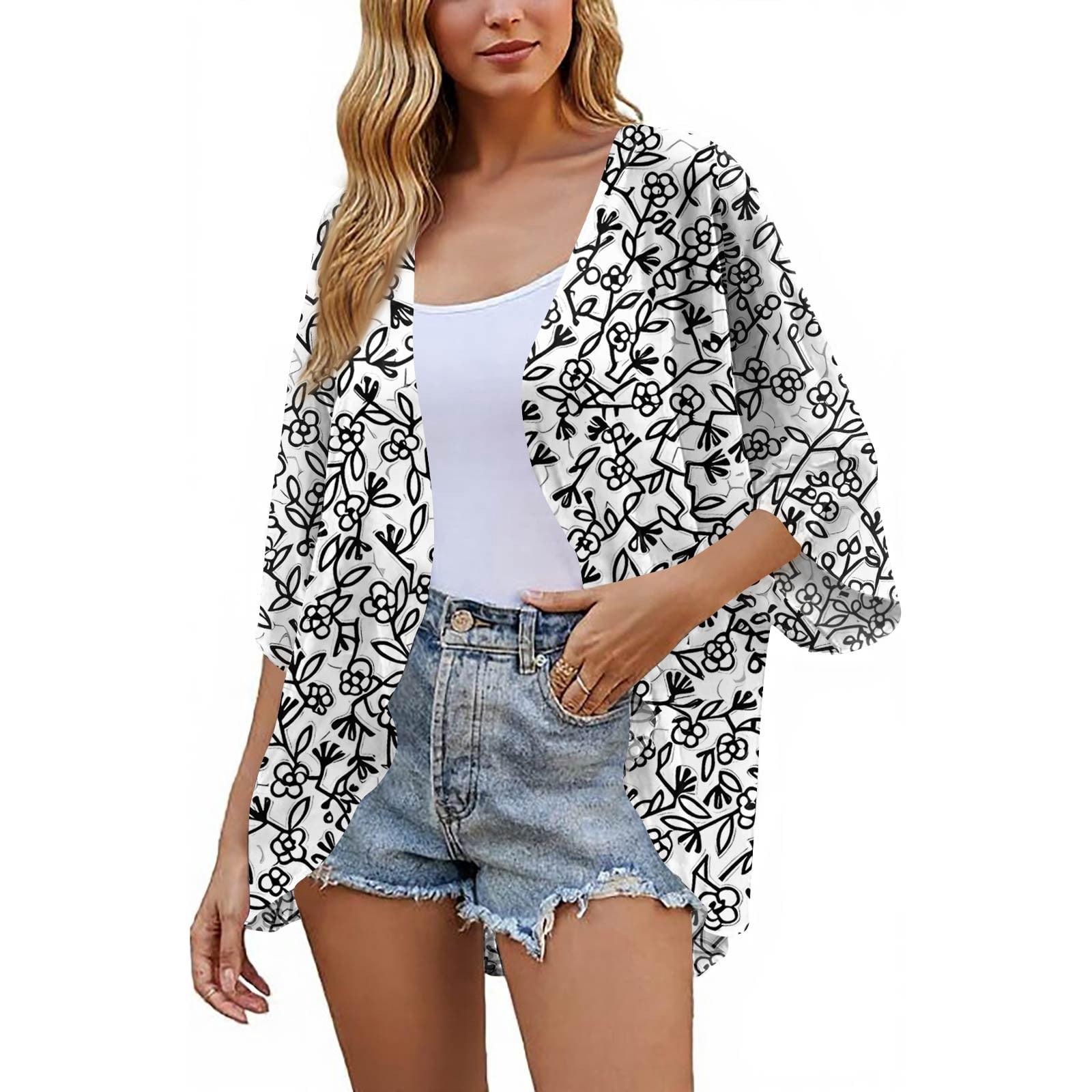 TrdSipl Summer Cardigans for Women Lightweight 3/4 Sleeve Sheer Kimono ...