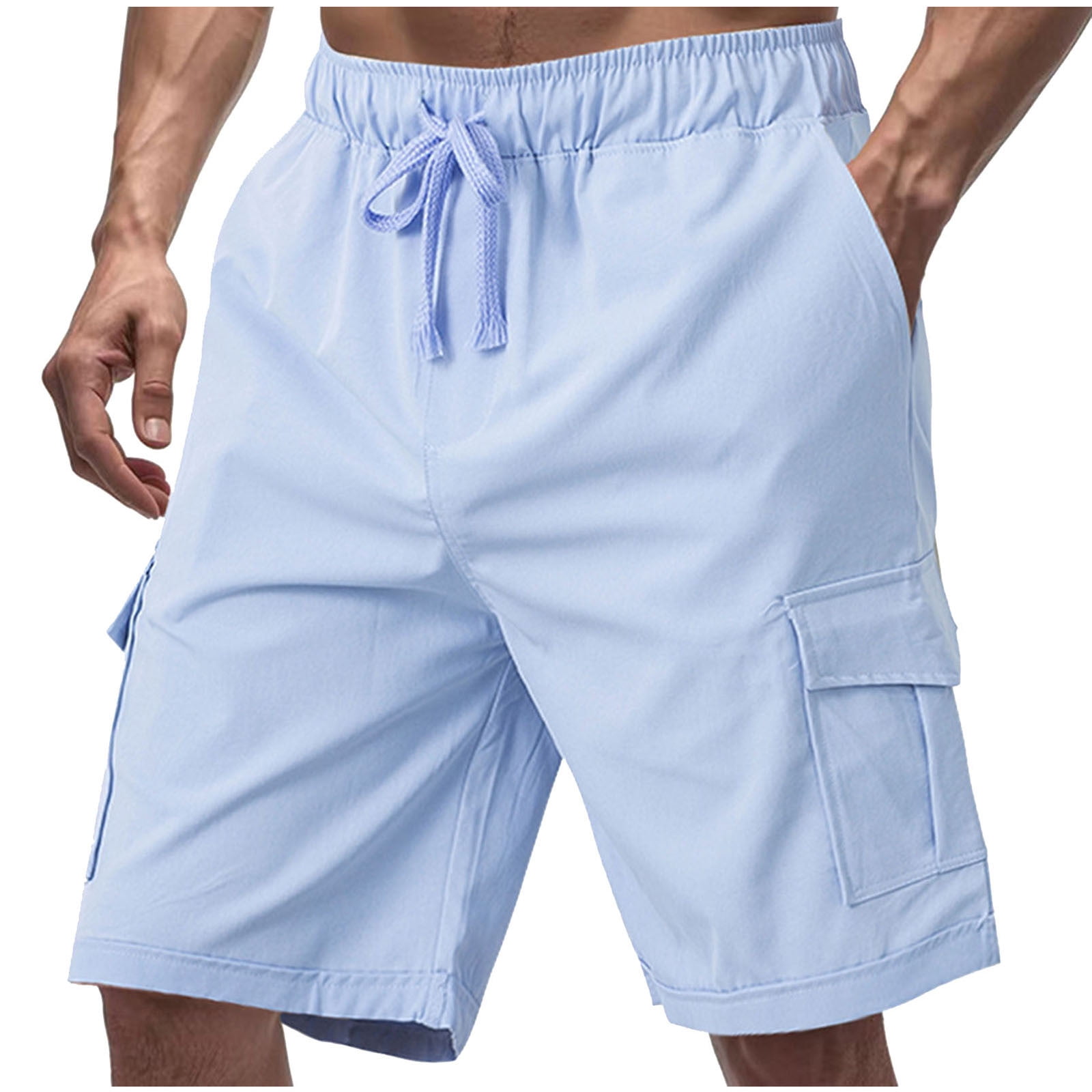 Summer Cargo Shorts for Men Trendy Drawstring Solid Color Elastic Waist ...