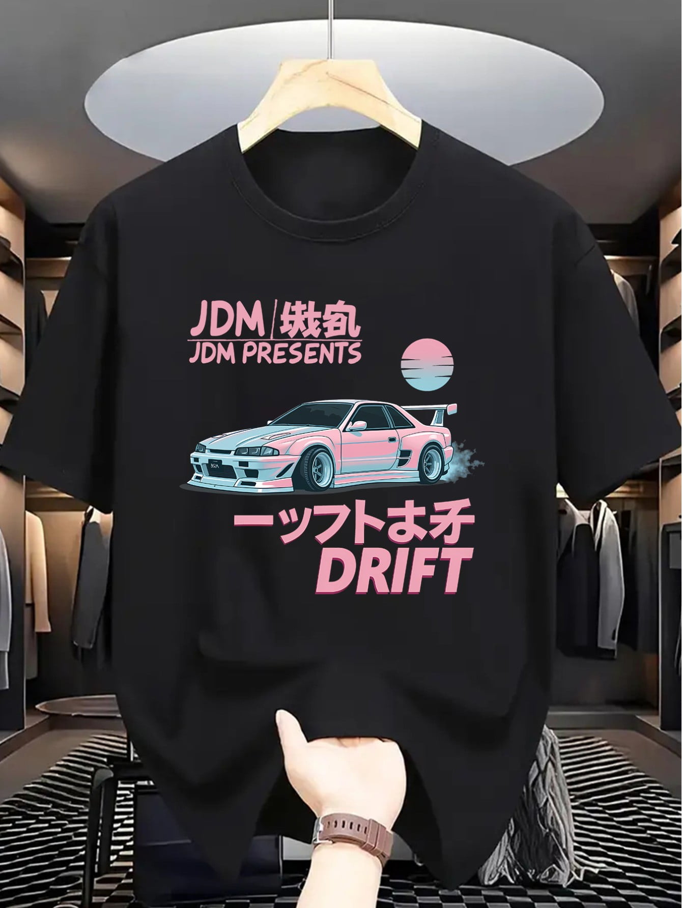 Summer Casual Crew Neck T-Shirt for Men, JDM Inspired Drift Car Print, Knit Fabric with Slight ...