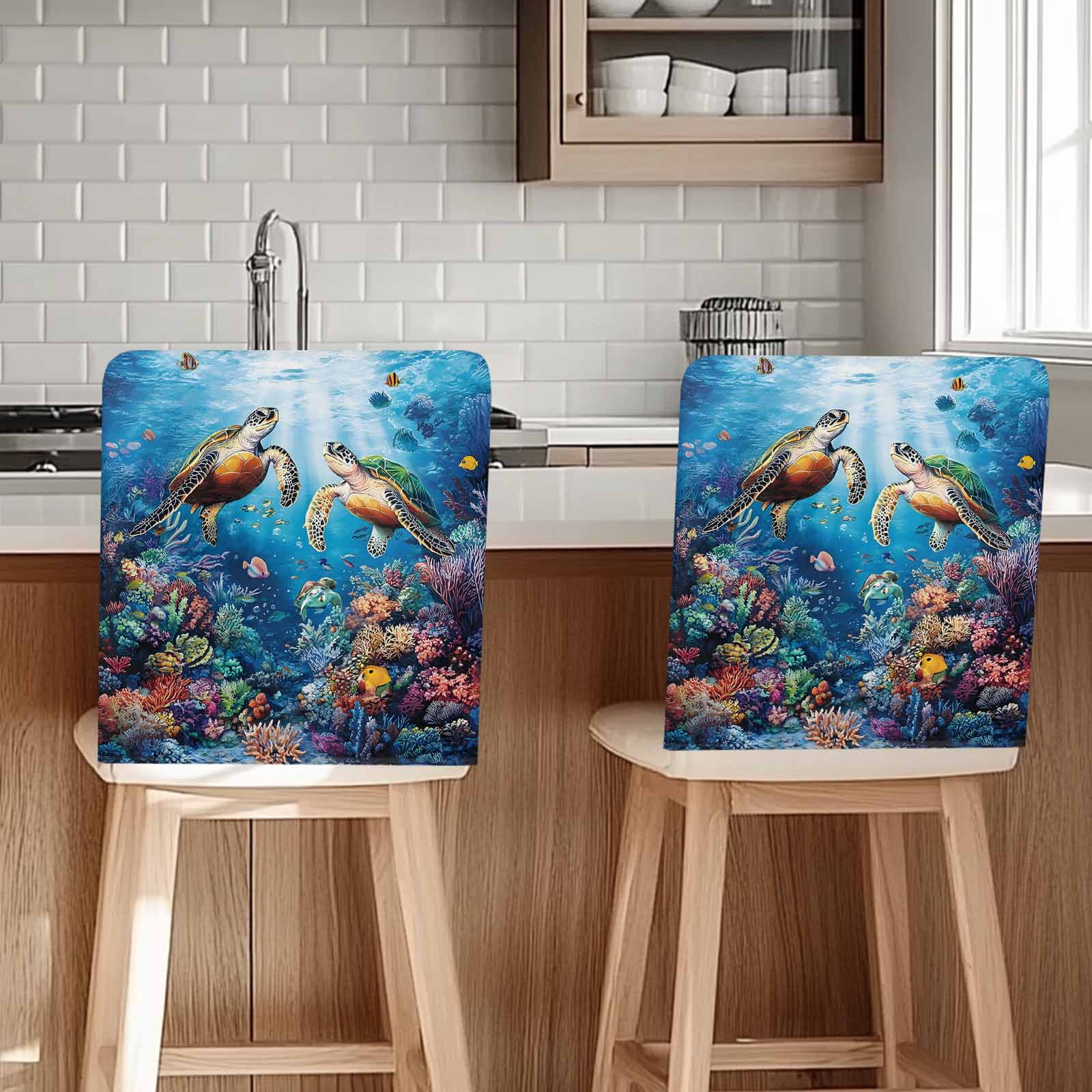 Summer Chair Covers Set of 4 Ocean Tropical Fishes Turtle Shark Coral ...