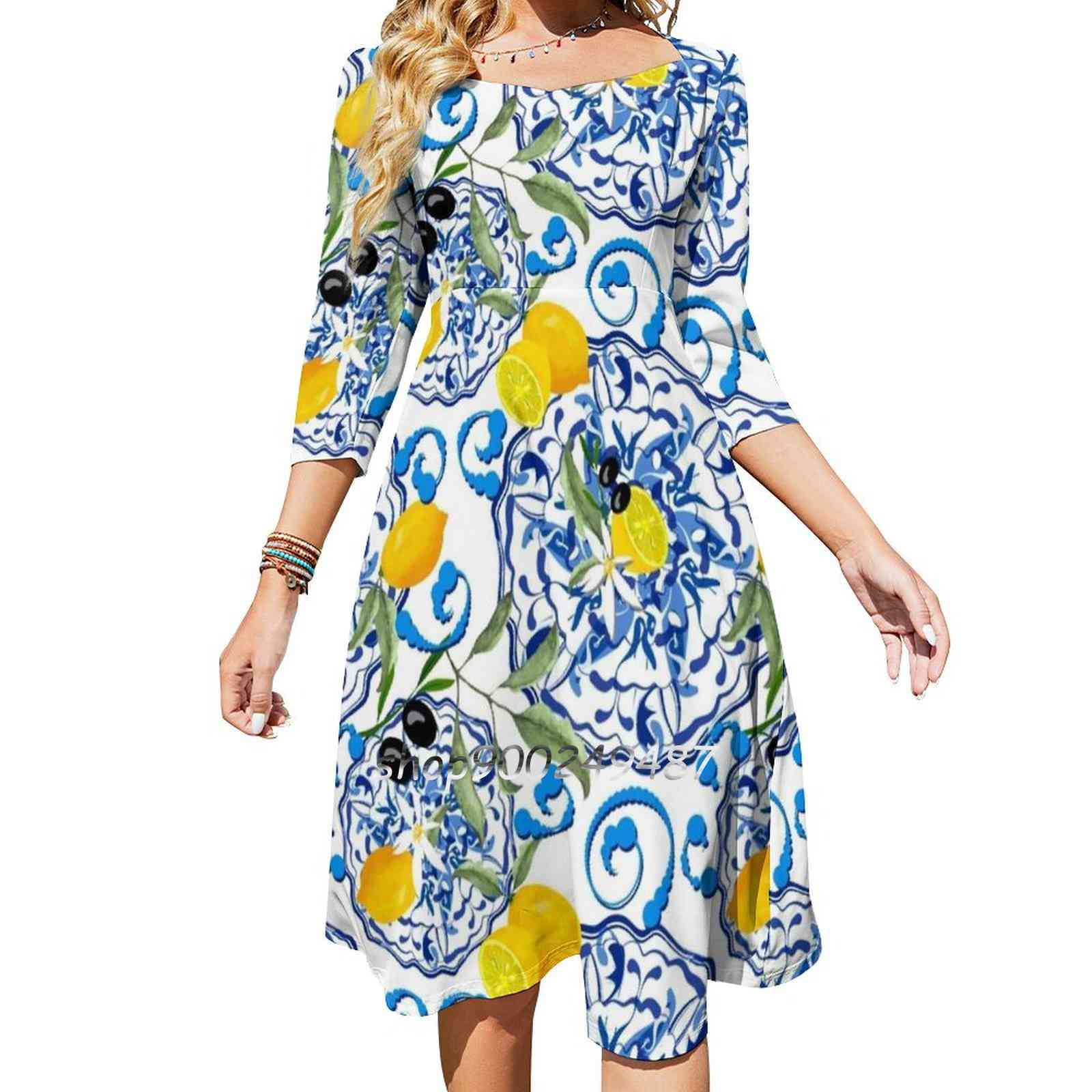 Summer Citrus Mosaic Background Mediterranean Style Square Neck Dress ...