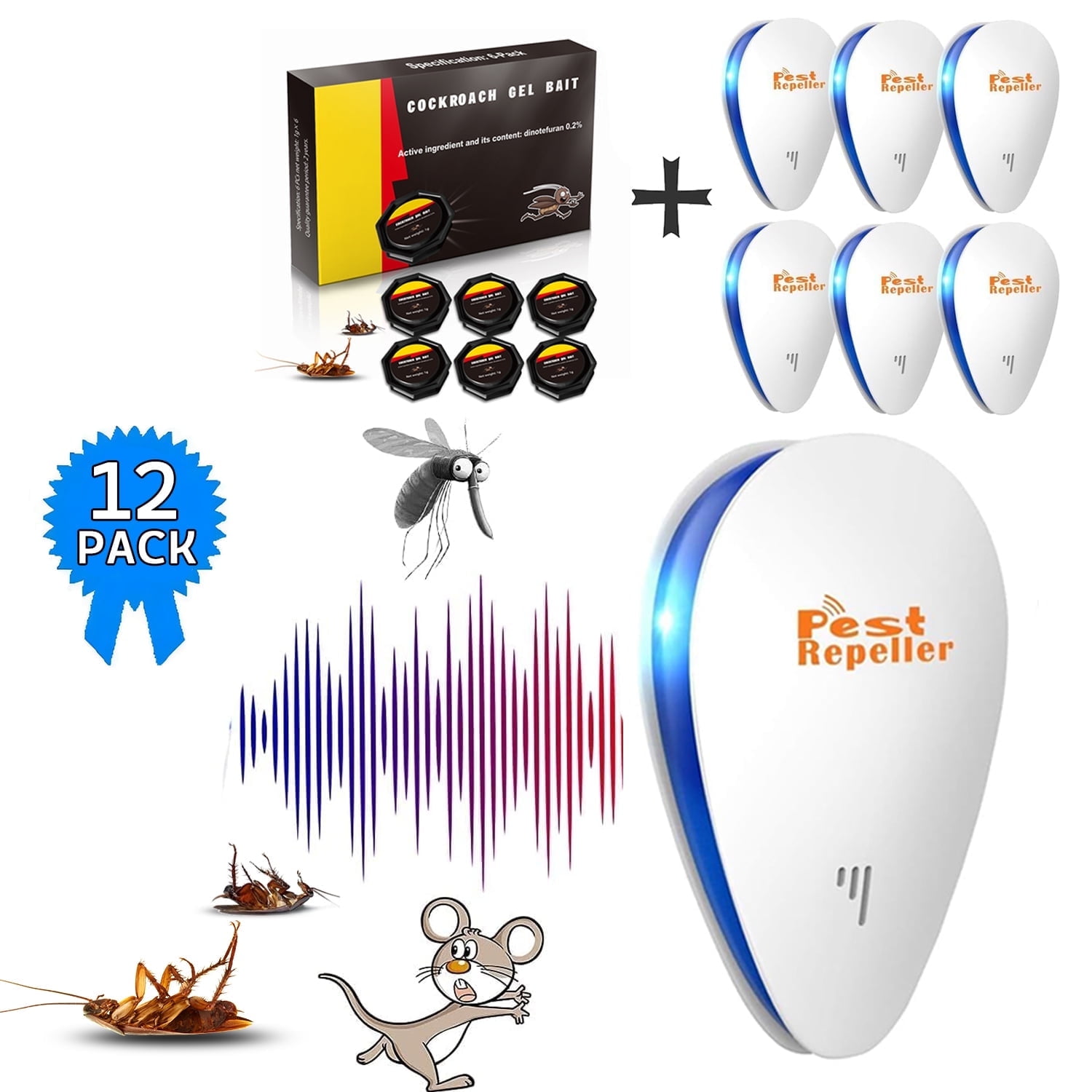Summer Clearance 6 Packs Ultrasonic Pest Repeller +6 Ckroach Gel Bait ...