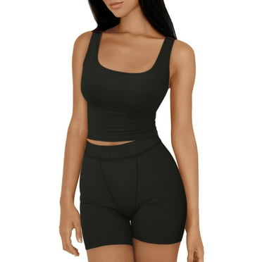 Workout Sets for Women A-L-O 2 Piece Seamless Ribbed Crop Tank High Waist Shorts Yoga Outfits ...