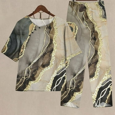 Two Piece Outfits for Women Butterfly Printed Three Quarter Sleeve ...