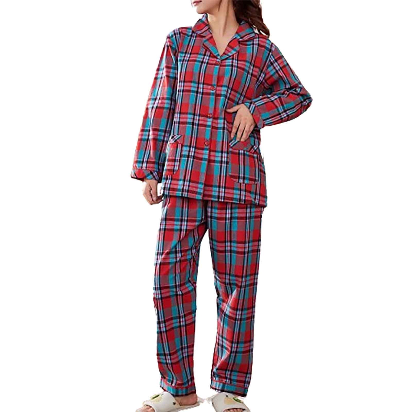TMOYZQ Cotton Pajama Set for Women Soft Plaid Long Sleeve Flannel ...