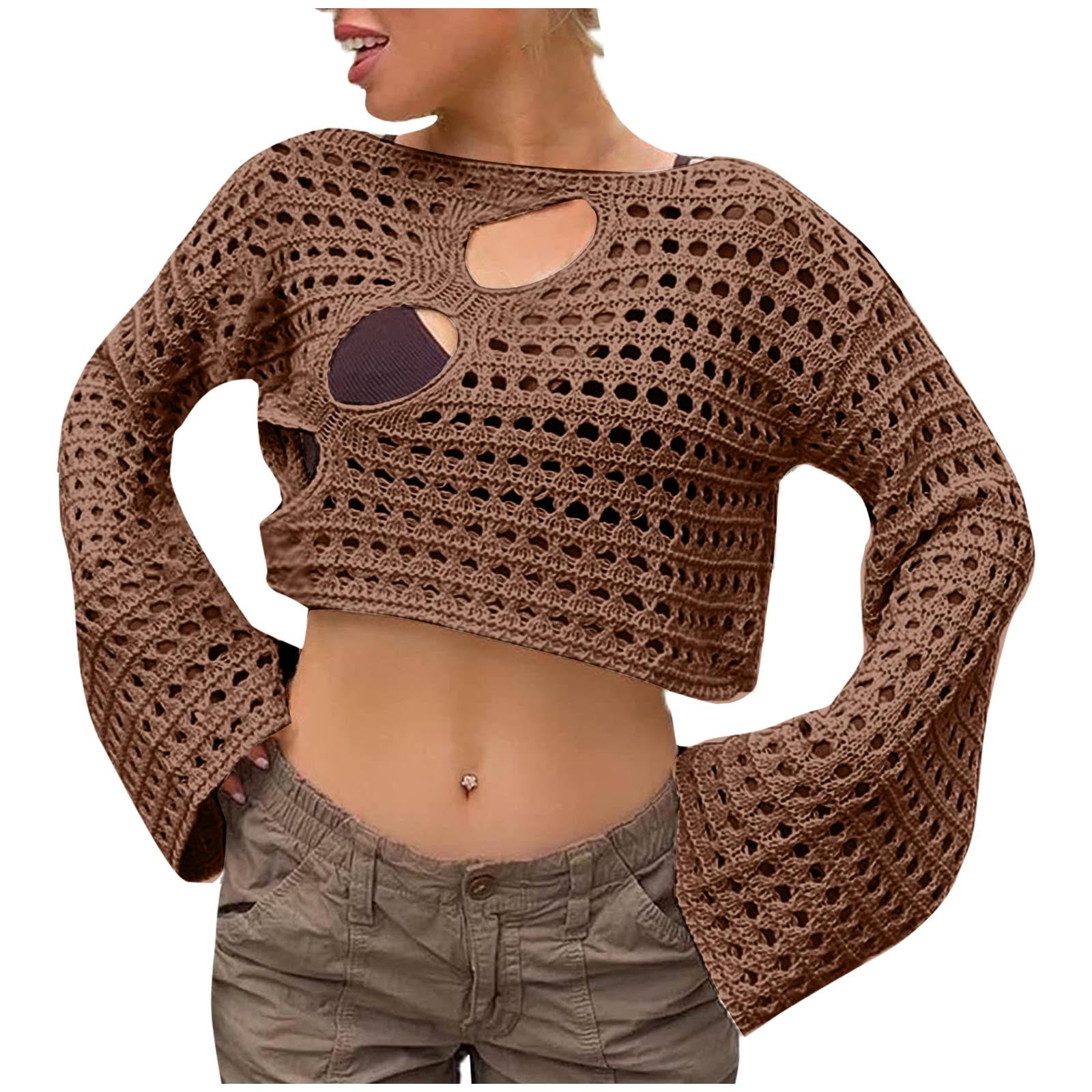 Summer Clearance Sale Tmoyzq Womens Long Sleeve Crochet Knit Crop Top