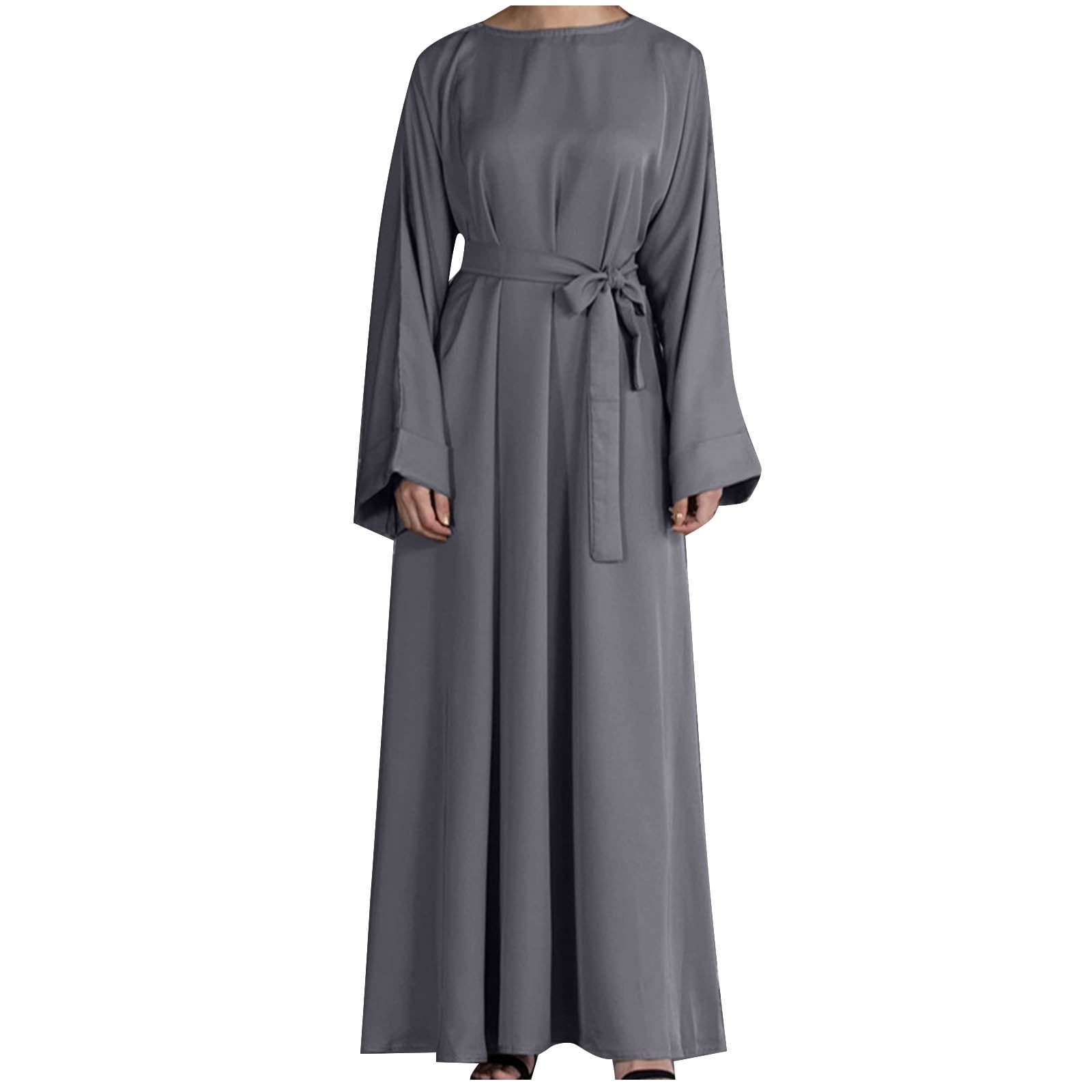 TMOYZQ Womens Muslim Solid Color Long Sleeve Round Neck Plain Maxi Long ...