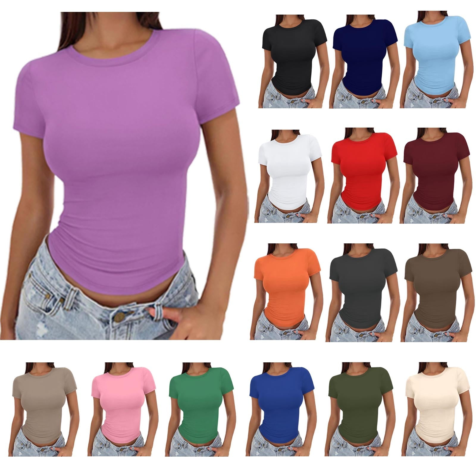 Summer Clearance Womens Basic Short Sleeve Slim Fit T Shirts Ndbuld ...