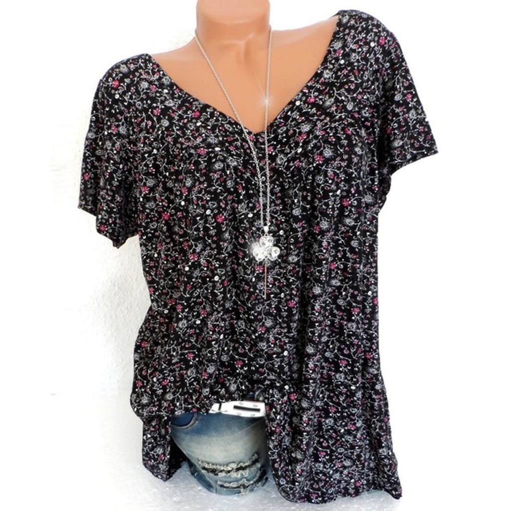 Zpanxa Womens Floral Print V Neck Ruffle Short Sleeve Summer Tops