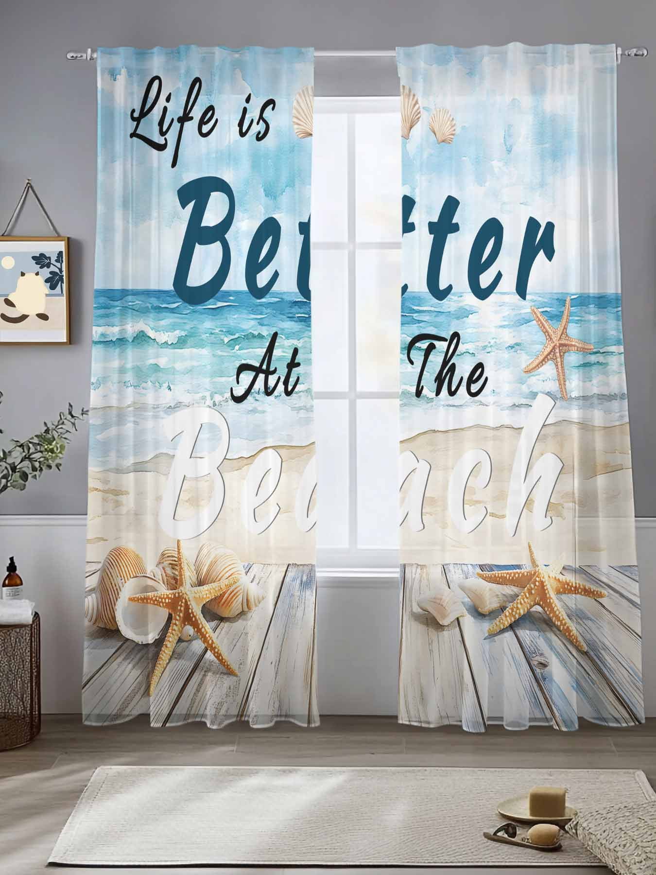 Summer Coastal Beach Sheer Curtains for Living Room Bedroom Ocean Wave ...