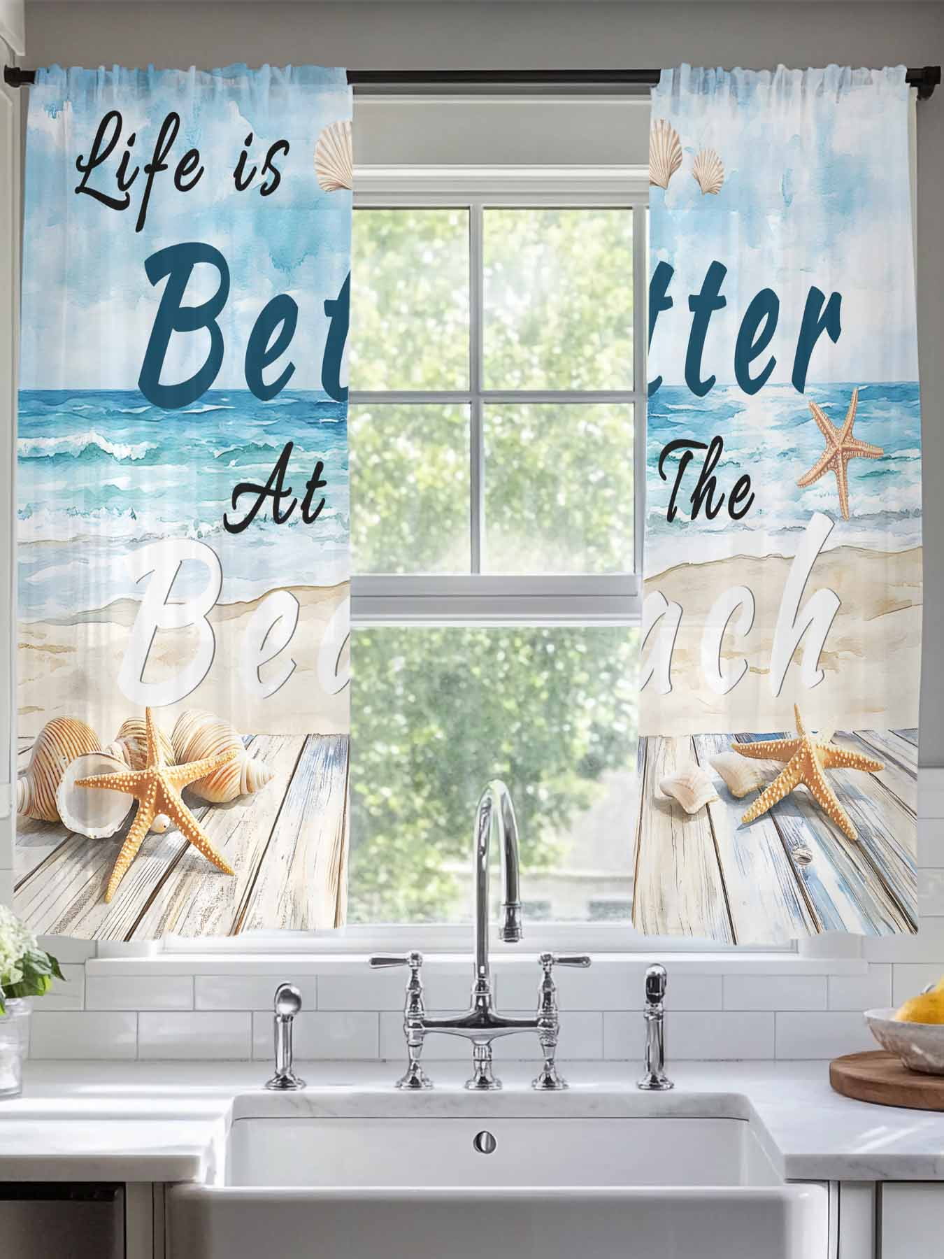 Summer Coastal Beach Sheer Curtains for Living Room Bedroom Ocean Wave ...