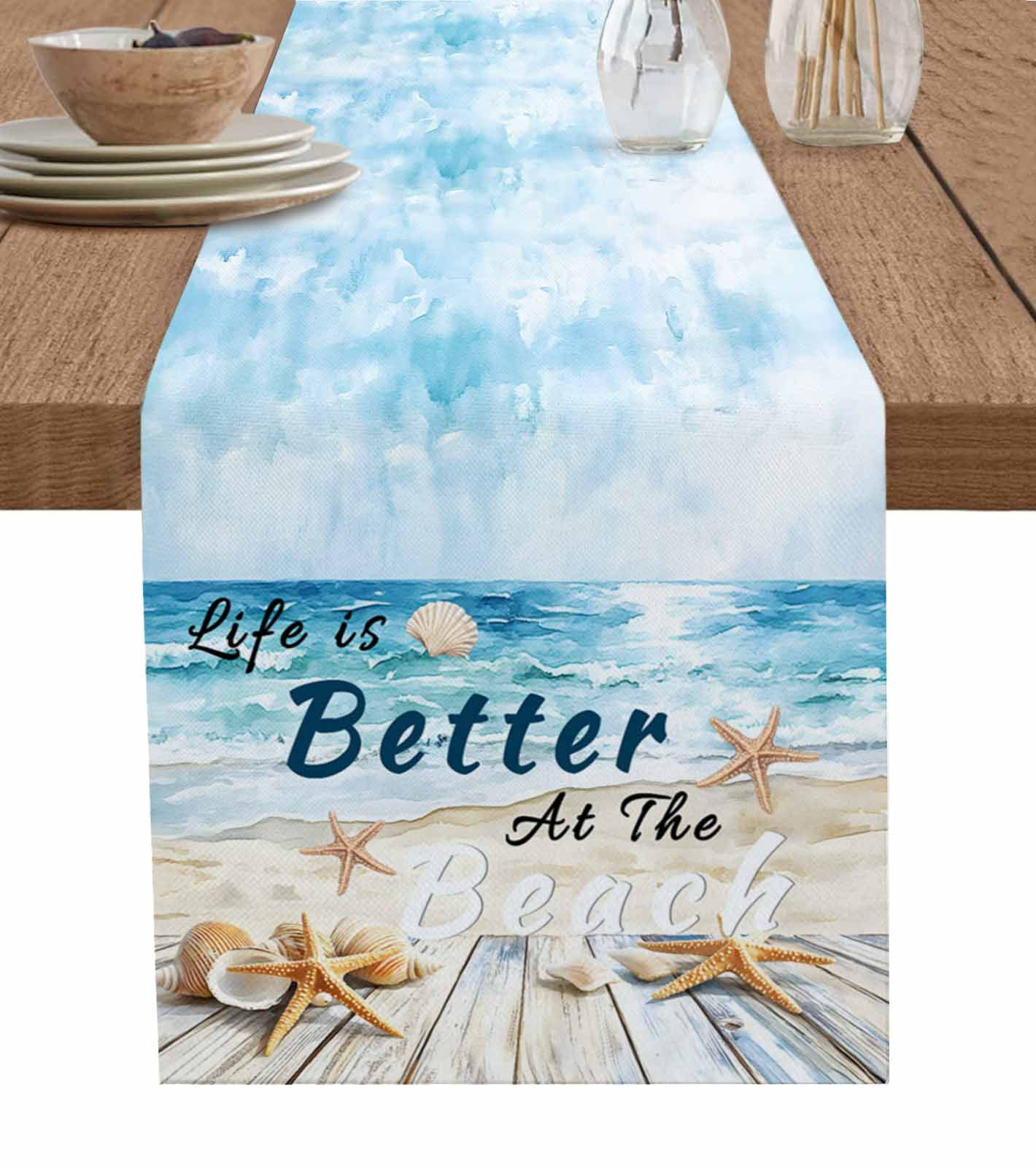Summer Coastal Beach Table Runner 72 Inches, Ocean Wave Starfish Shell ...