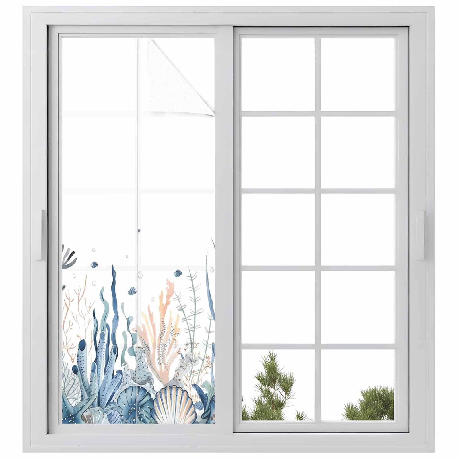 Summer Coastal Coral Window Privacy Film, Blue Ocean Conch Shell Blue ...