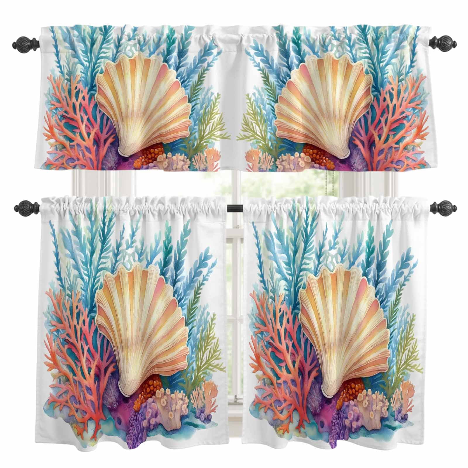 Summer Coastal Kitchen Curtains Sets for Windows 36 Inch Length, Ocean ...
